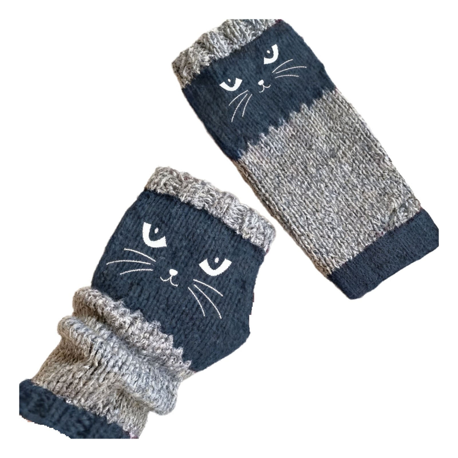 Btomtd Casual Cat Pattern Warm Gloves for Women, Half-finger Knitted ...