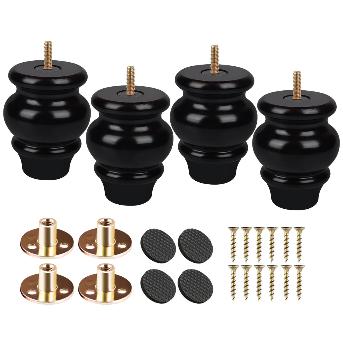 Btowin VCF 4 inch Solid Wood Furniture Legs, 4Pcs Black Turned Wooden ...