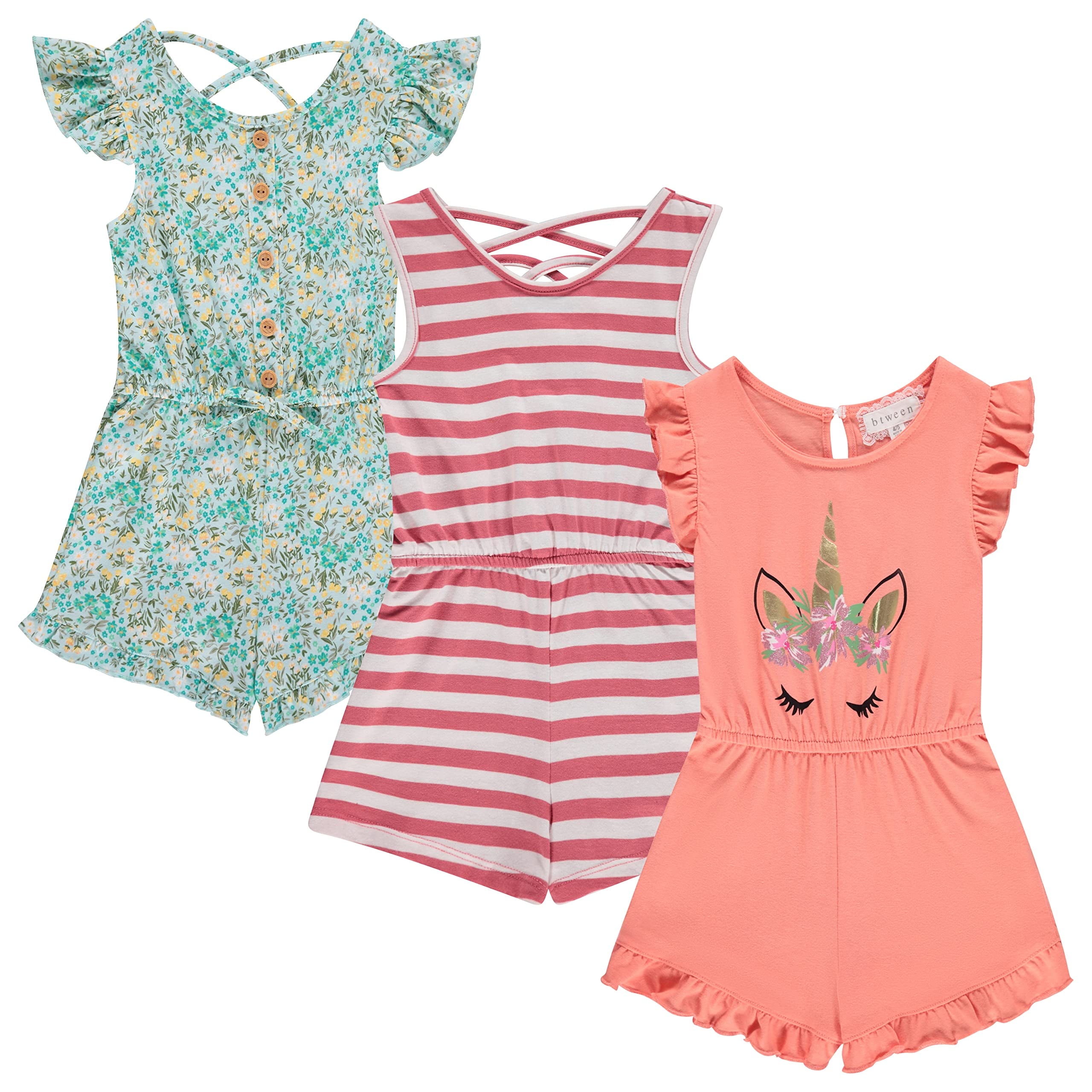 BTween Girls’ 3-Pack Romper Set – Cute & Comfy Sleeveless Summer ...