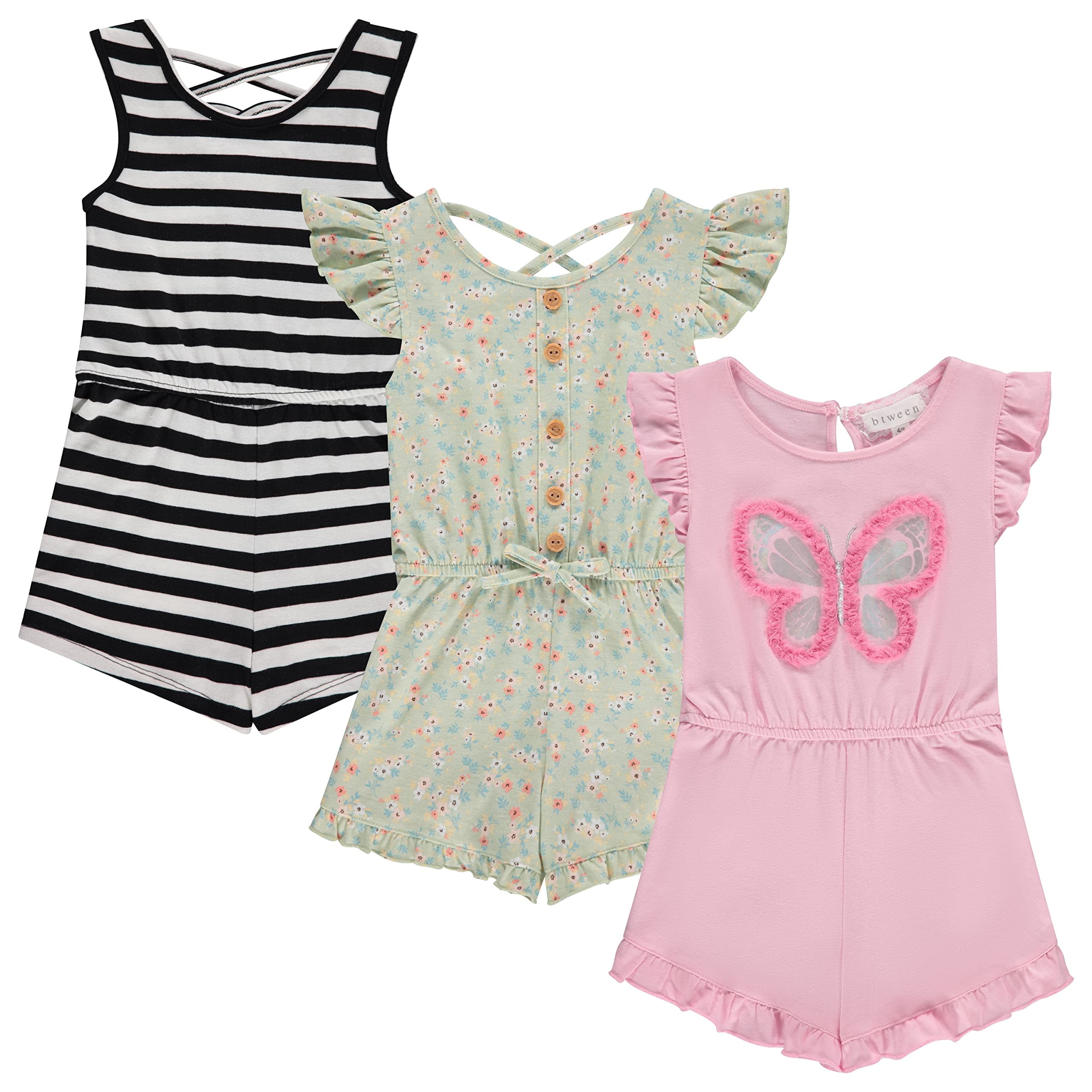 BTween Girls’ 3-Pack Romper Set – Cute & Comfy Sleeveless Summer ...