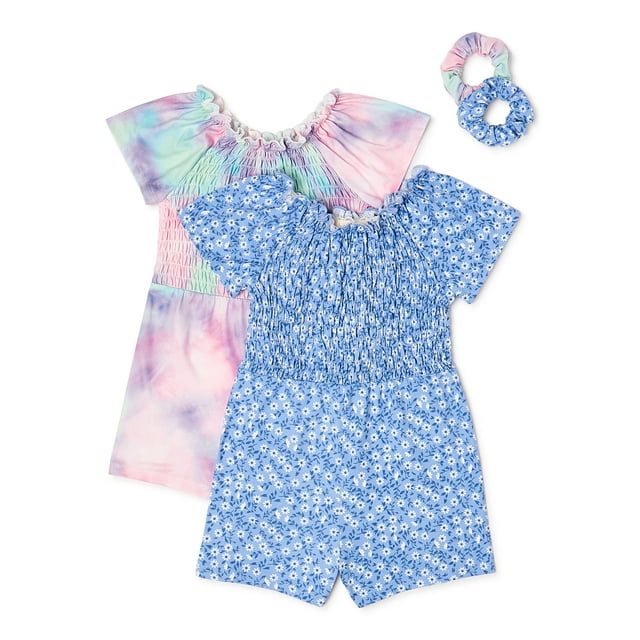 Btween Girls Smocked Floral and Tie Dye Rompers with Scrunchies, 2-Pack ...