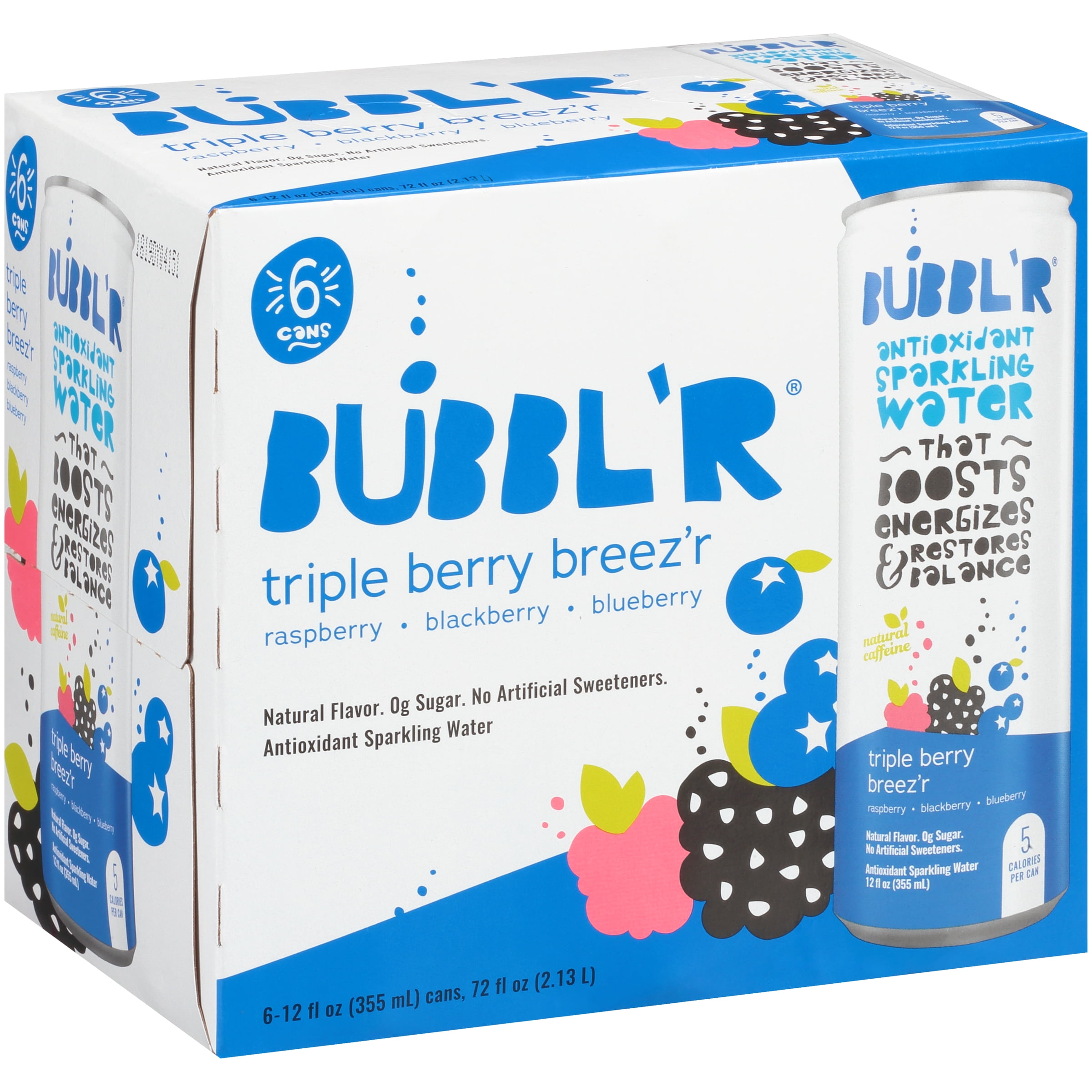 Bubbl'r Triple Berry Antioxidant Sparkling Water with a Boost of Caffeine, 12 fl oz 6 Pack Cans ...
