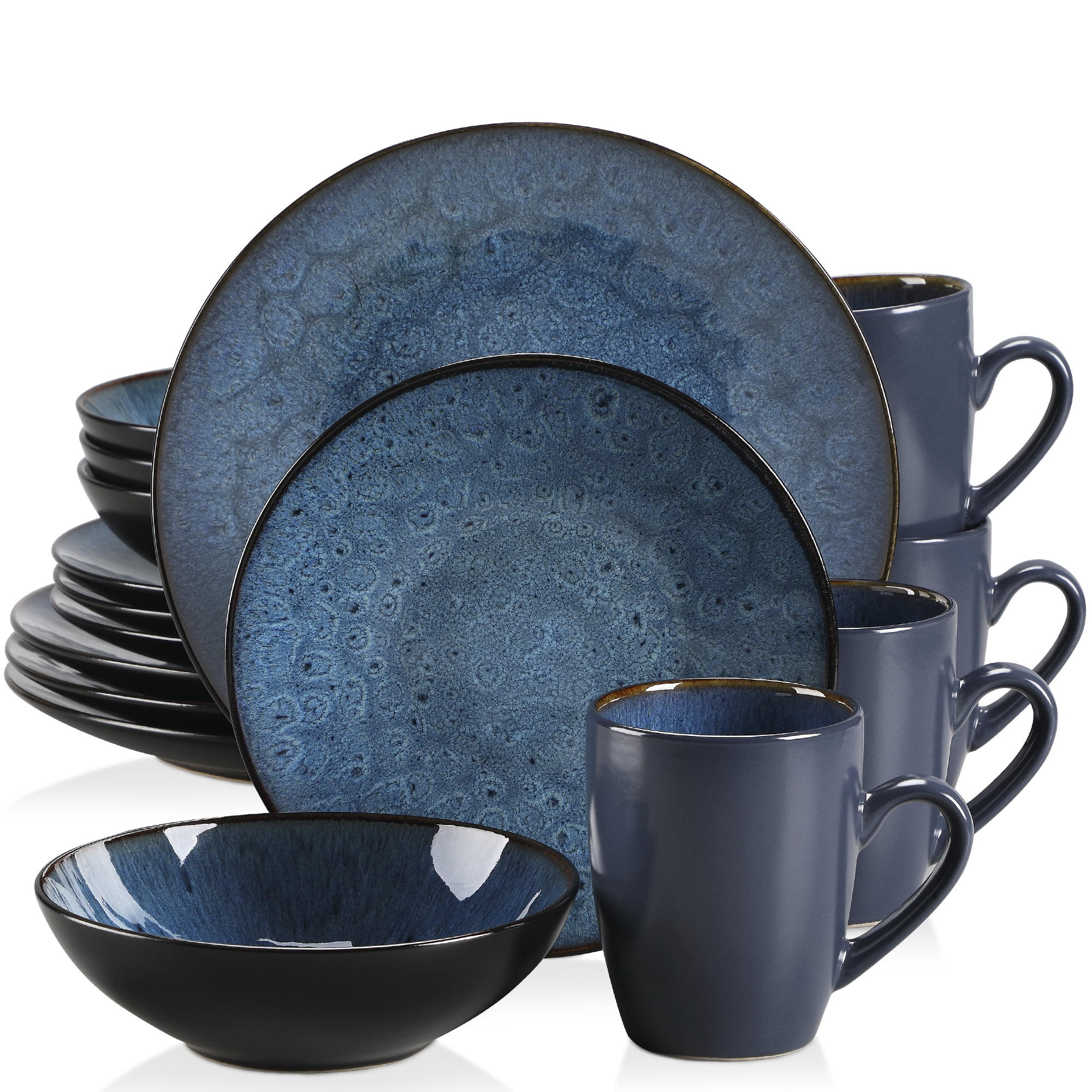Bubble 16-Piece Vintage Ceramic Stoneware Tableware Set – Blue Dinner ...