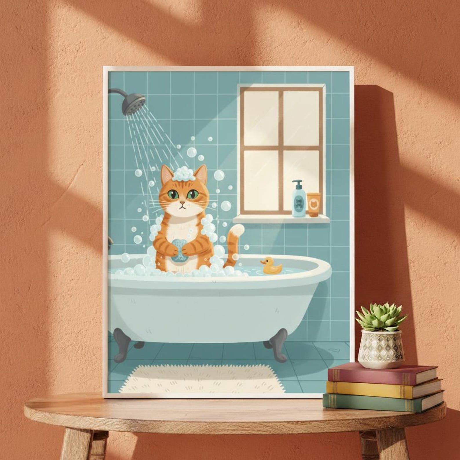 Bubble Bath Cat with Rubber Duck Funny Bathroom Wall Art Poster Decor ...