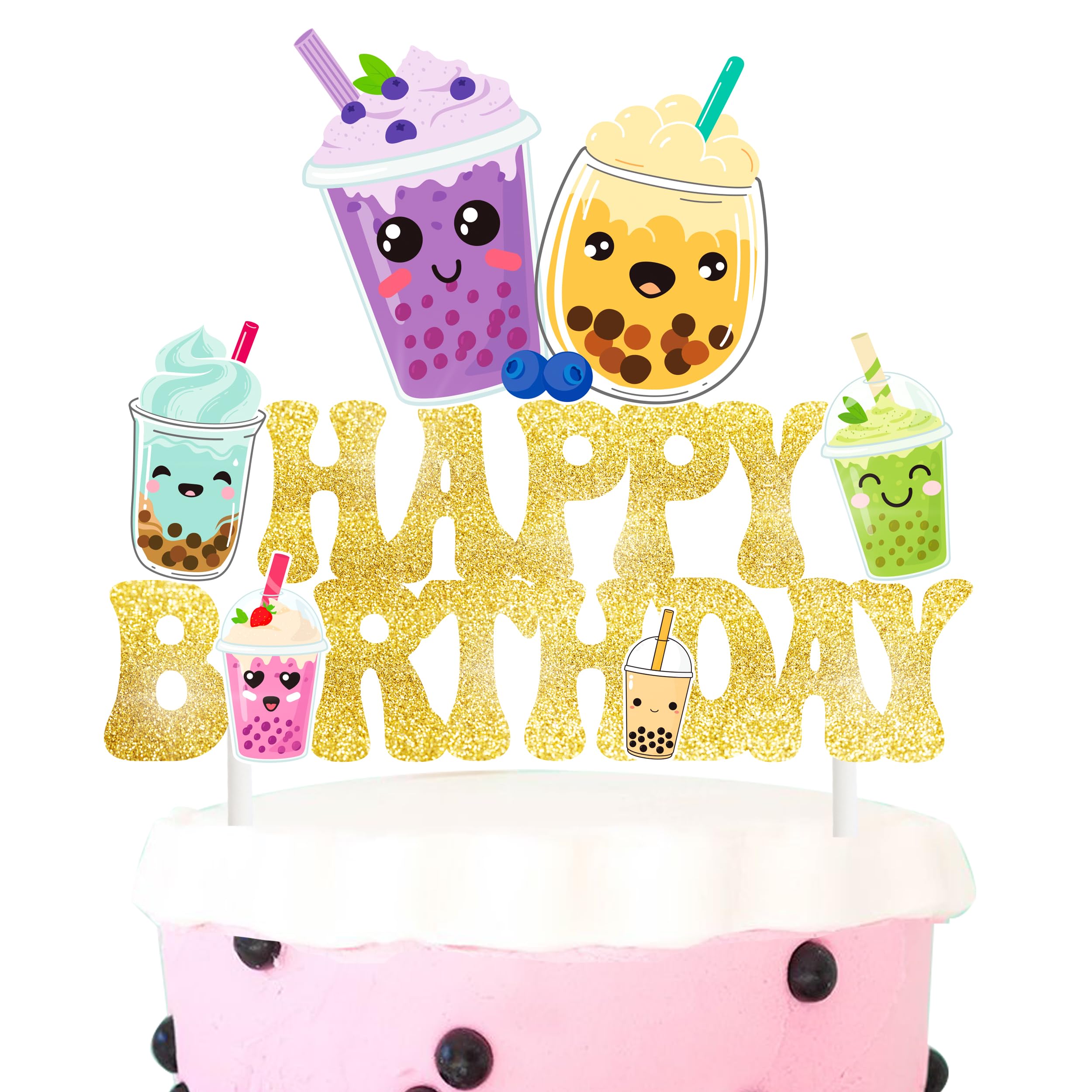 Bubble Birthday Party Cake Topper Bubble Milk Tea Gold Glitter Happy ...