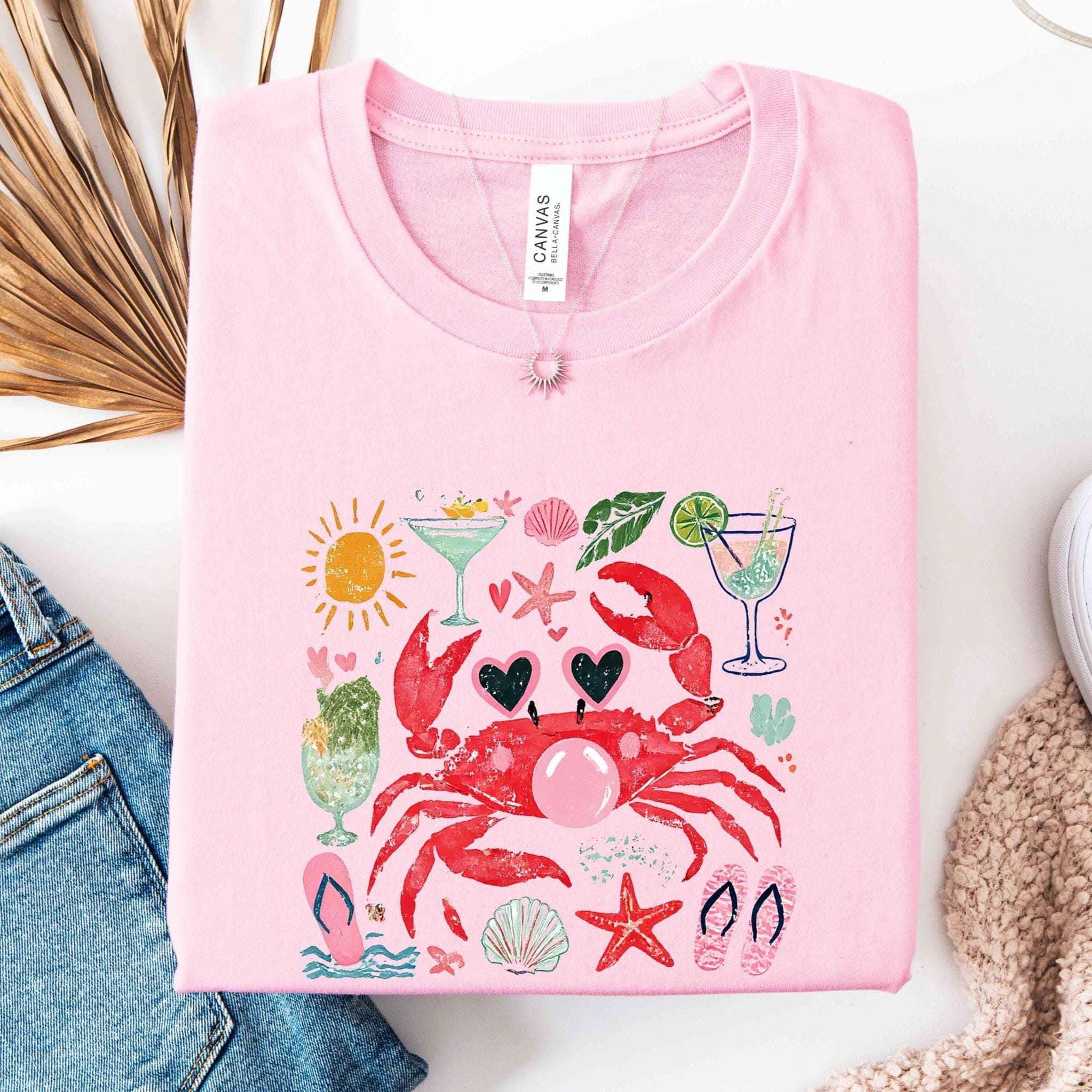 Bubble Gum Crab Graphic Shirt, Beach Vacation Tee, Coast Crab Shirt ...
