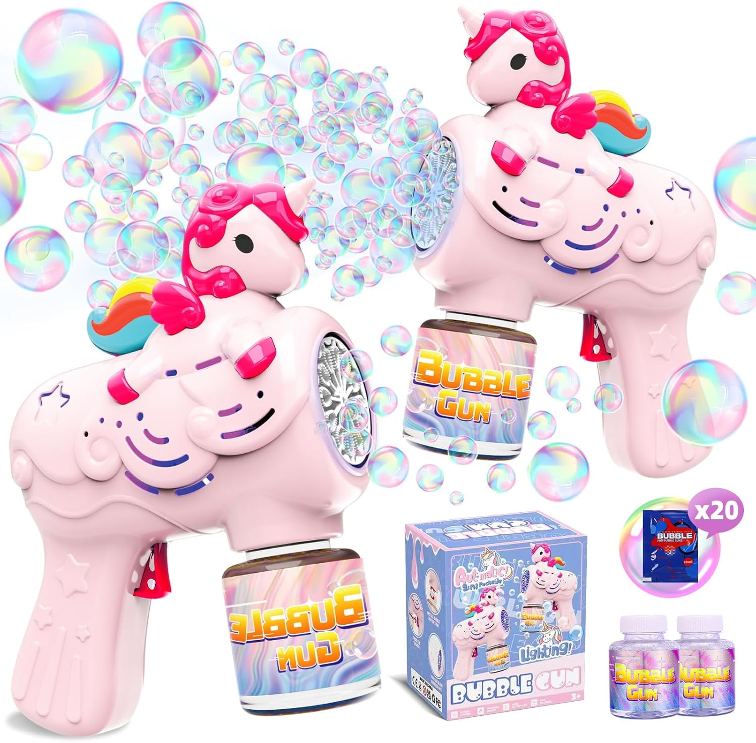 Bubble Gun for Kids with 2 Bottles Refill Solution, 2 Pack Unicorn ...