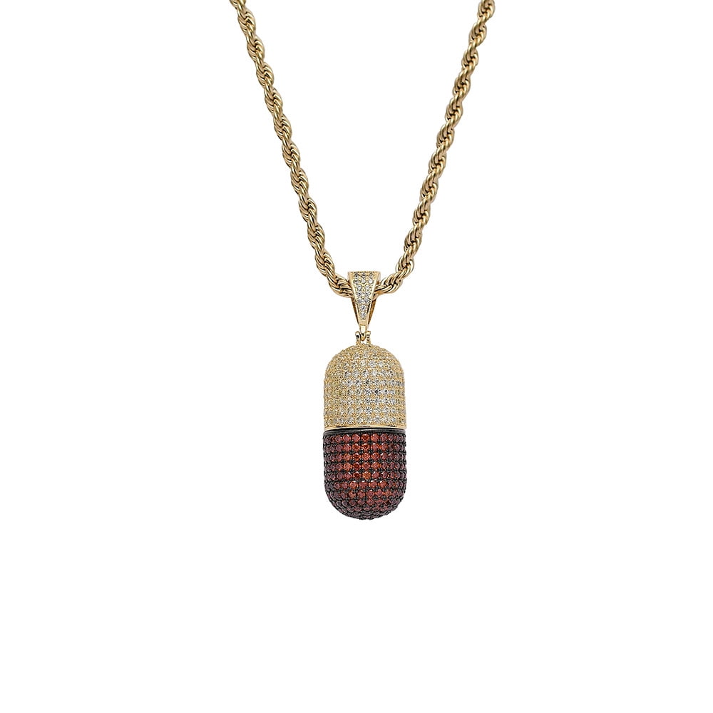 Bubble Letter Tiny Pill Pendant Iced Out 14K Yellow Gold Necklace for ...