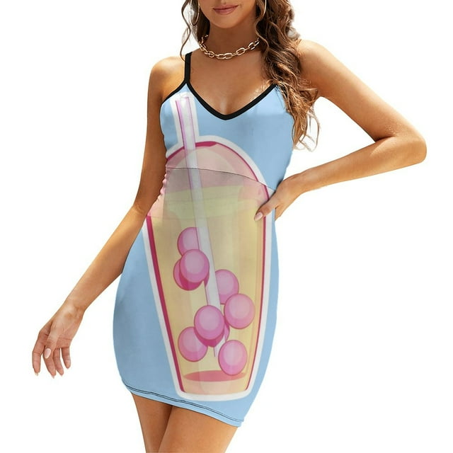 Bubble Tea Pink Evening Party Dresses Midi Sexy Dress Female Sweet One Piece Dress Korean Bubble ...