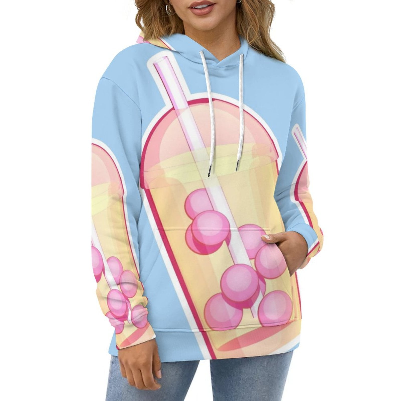 Bubble Tea Pink Hooded Sweatshirt Men And Women Print Pullovers ...