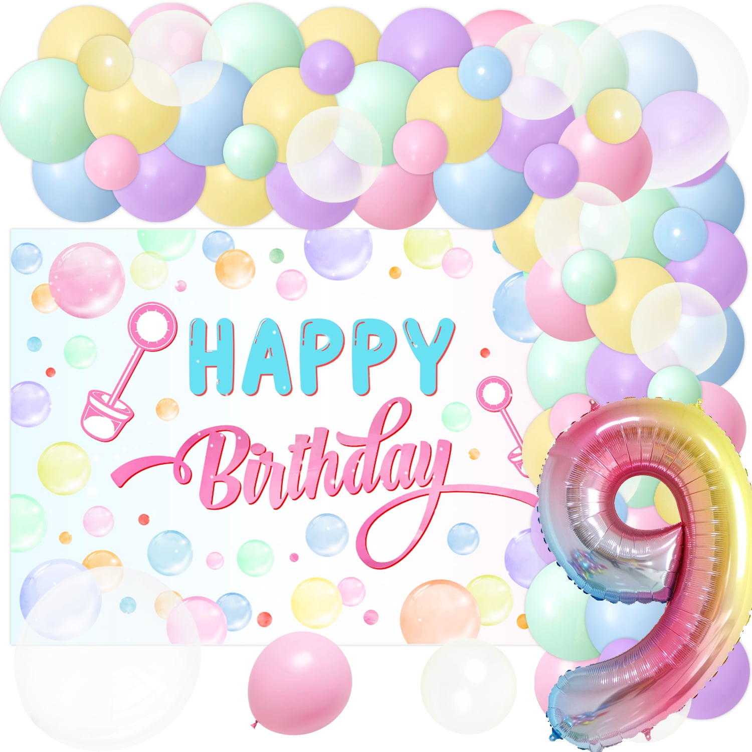 Bubble Themed 9th Birthday Party Decoration - Macaron Balloon Garland ...