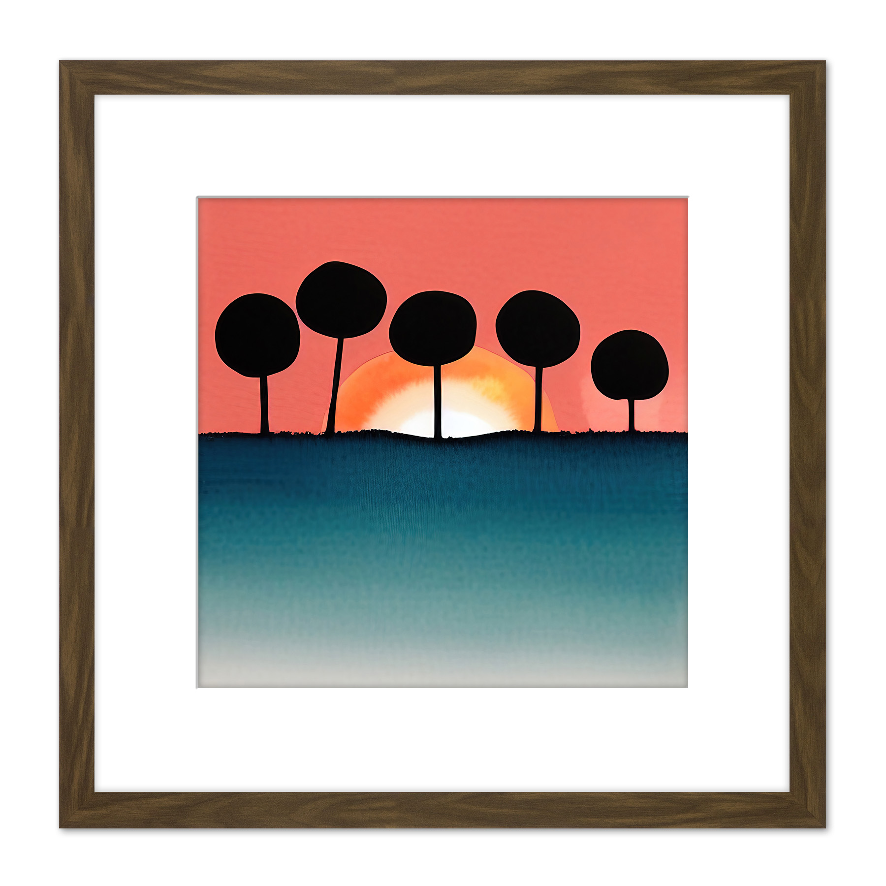 Bubble Tree Dark Outlines Boho Sunset Horizon Landscape Coral Teal ...