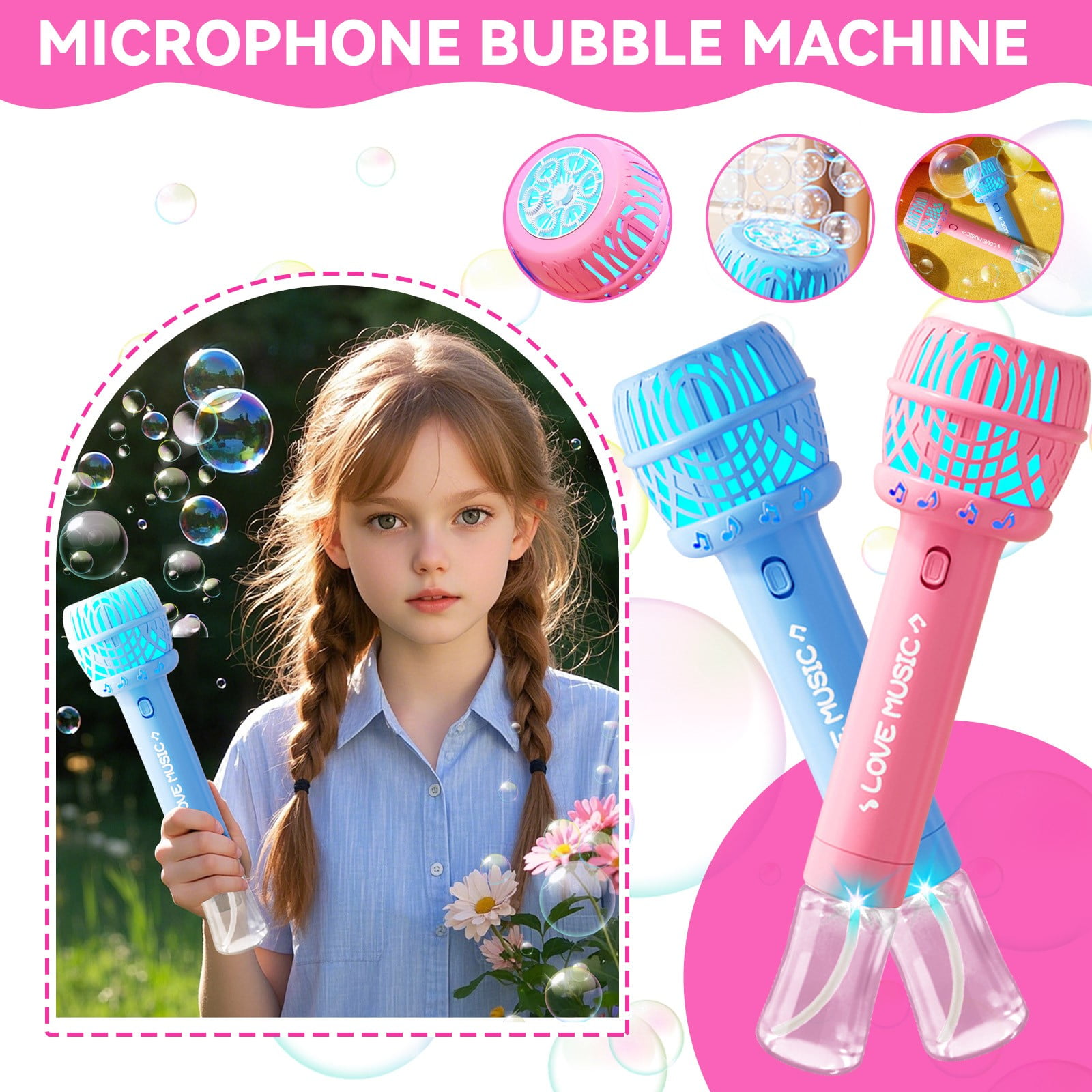 Bubble Wands for Kids Girls - LED Light Microphone Bubble Machine with ...