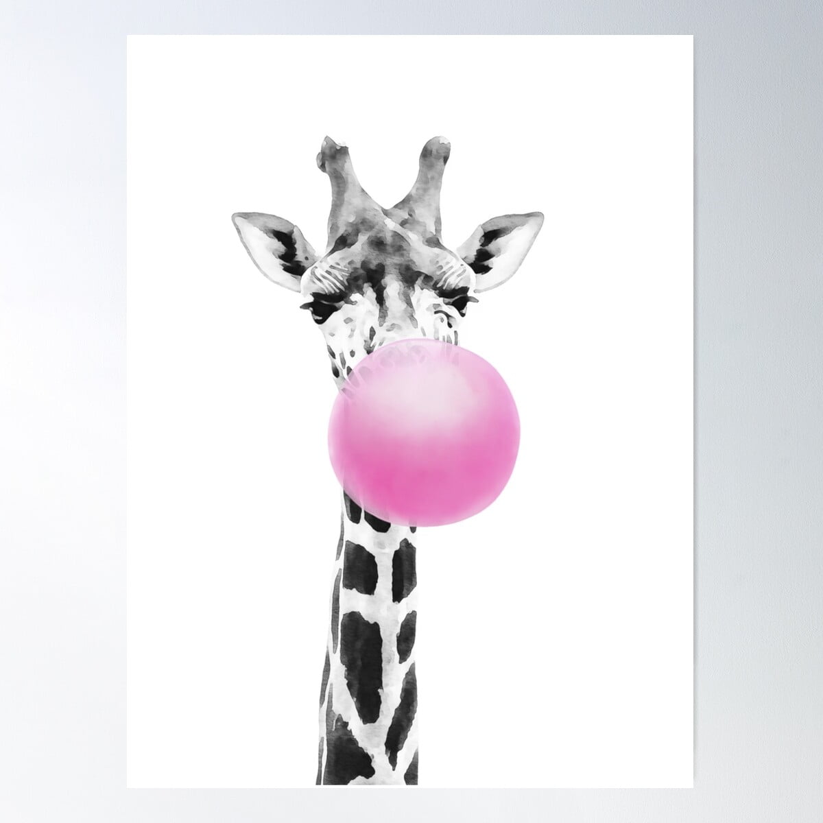 Bubblegum Blowing Giraffe, Pink Bubble Animal Poster Wall Art, Modern ...