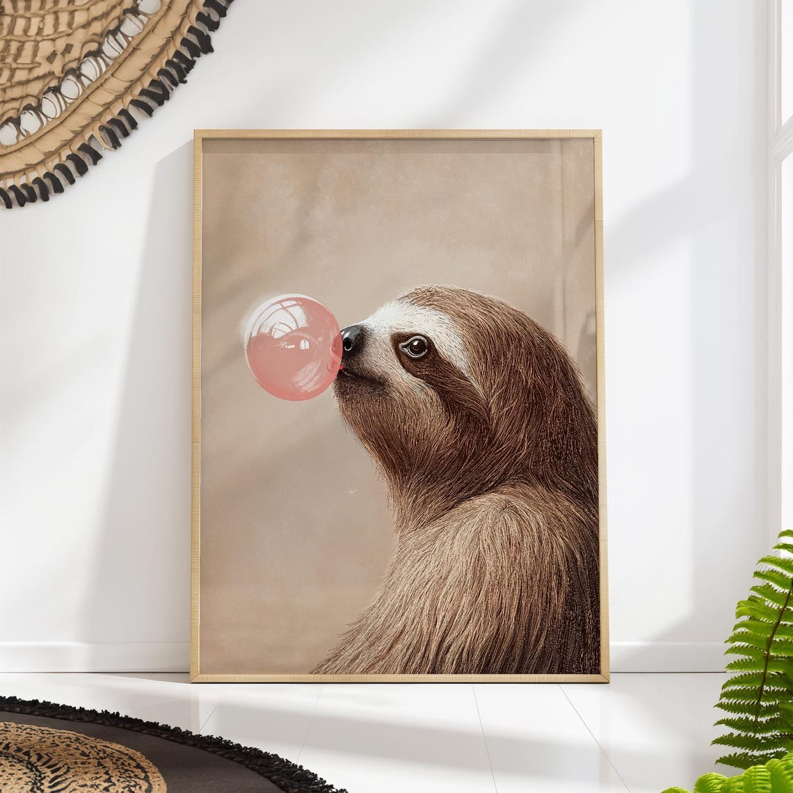 Bubblegum Sloth Wall Art, Funny Animal Print, Quirky Humor Poster Wall ...