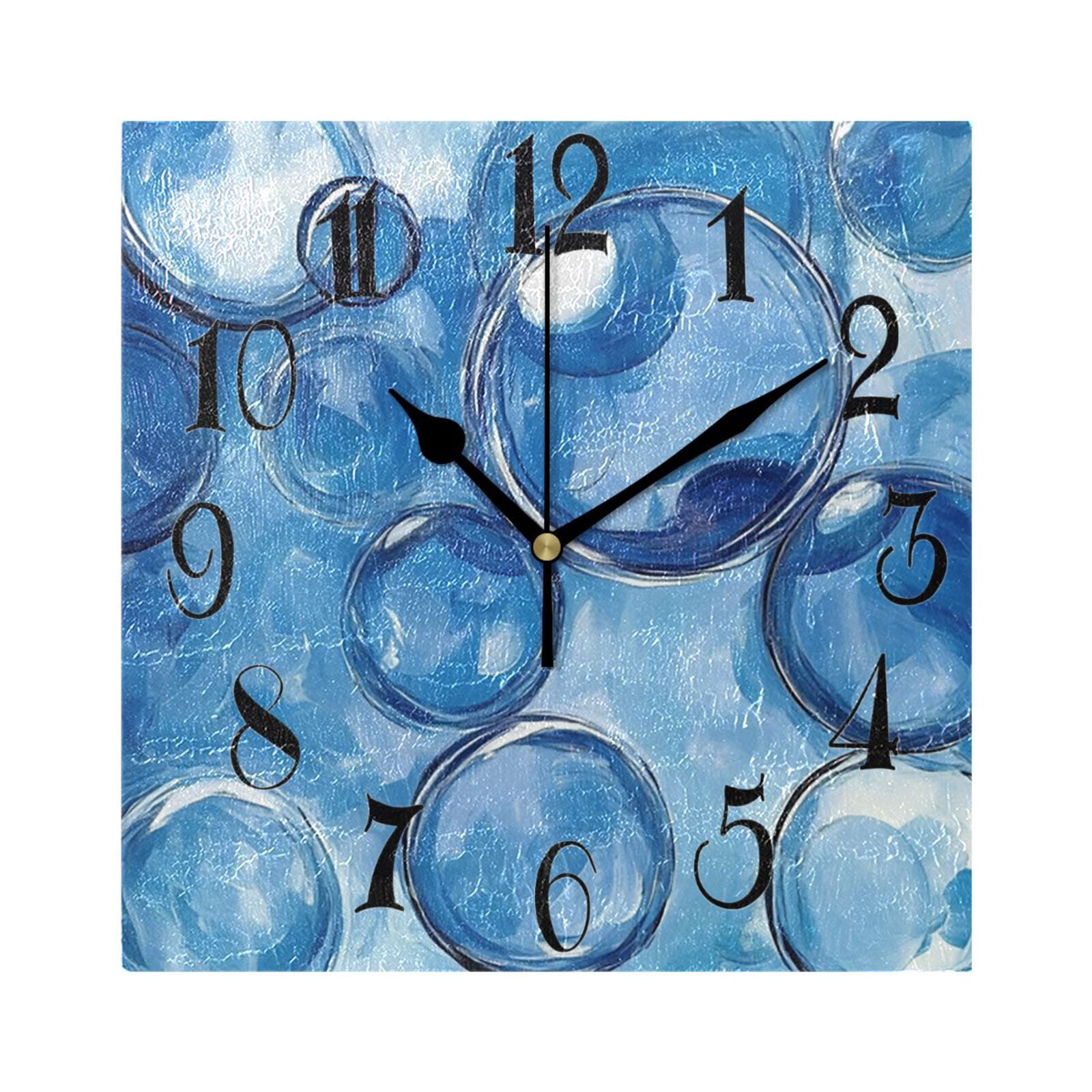 Bubbles Blue Wall Clock Decorative Square Silent Non-Ticking Operated ...
