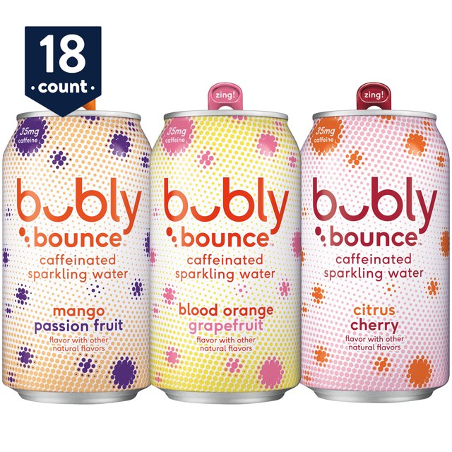 Bubly Bounce Caffeinated 3 Flavor Variety Pack Flavored Sparkling Water, 12 oz, 18 Pack Cans ...
