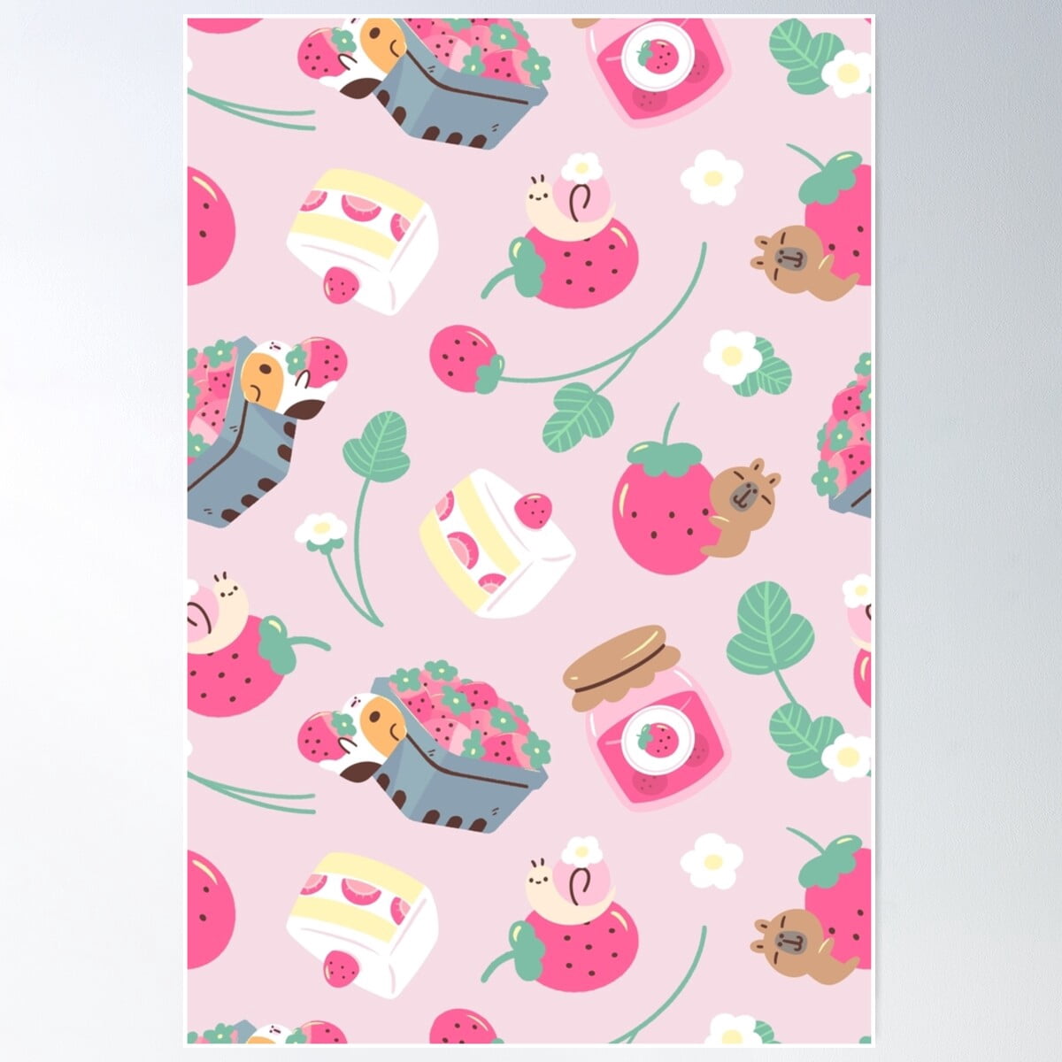 Bubu And Moonch Strawberry Season Pattern Poster Wall Art, Modern Wall ...