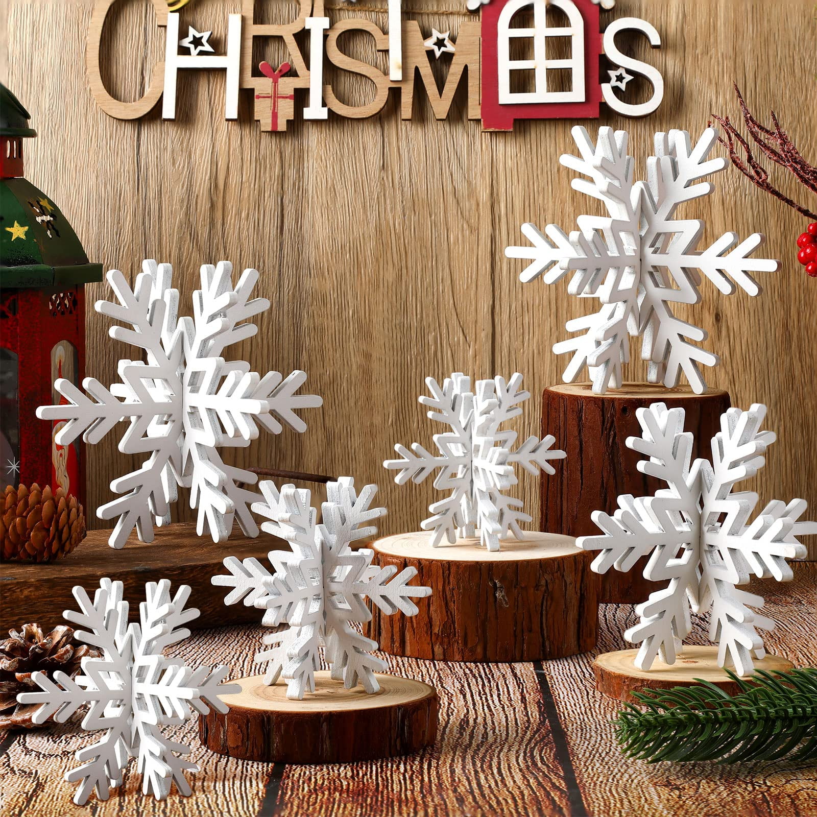 Bucherry 12 Pcs Wooden Snowflake Table Decor 3D Snowflake Tabletop ...
