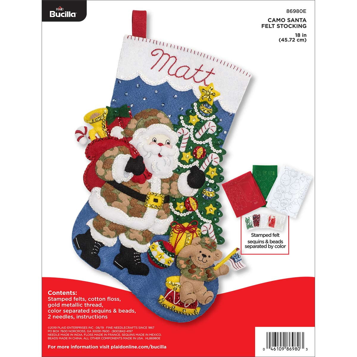 Bucilla Felt Applique DIY Holiday Stocking Kit, Camo Santa, 18 ...