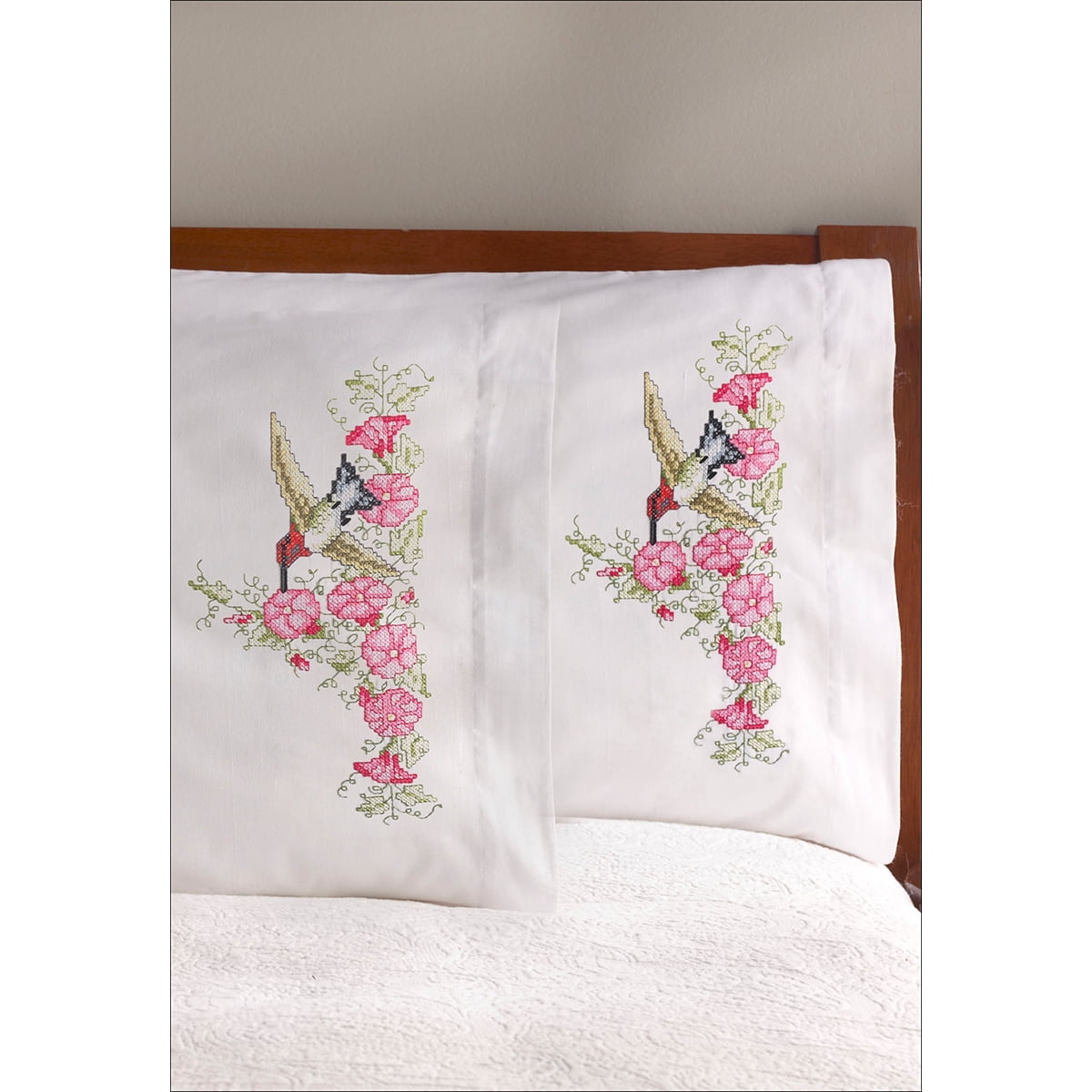 Bucilla Stamped Embroidery Pillowcase Pair 20" x 30"-Hummingbird Floral ...