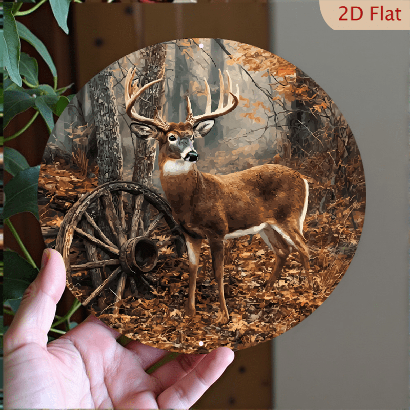 Buck Deer in Forest Wall Art Decor, 8" Round Aluminum Wall Art Sign ...