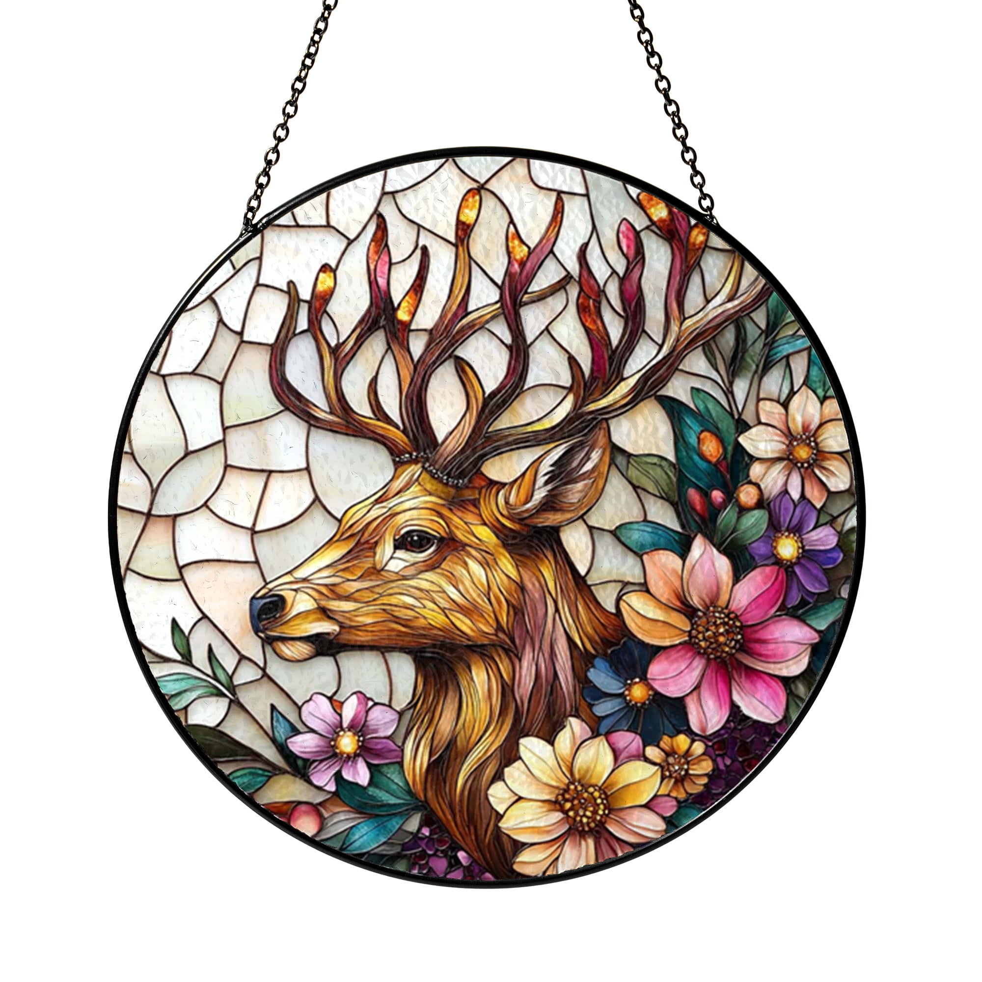 Buck Deer Round Suncatcher – Stained Glass Style Wildflower Window ...