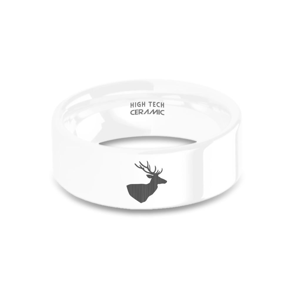 Buck Deer Stag Antlers Laser Engraved Polished White Ceramic Ring, 8mm ...