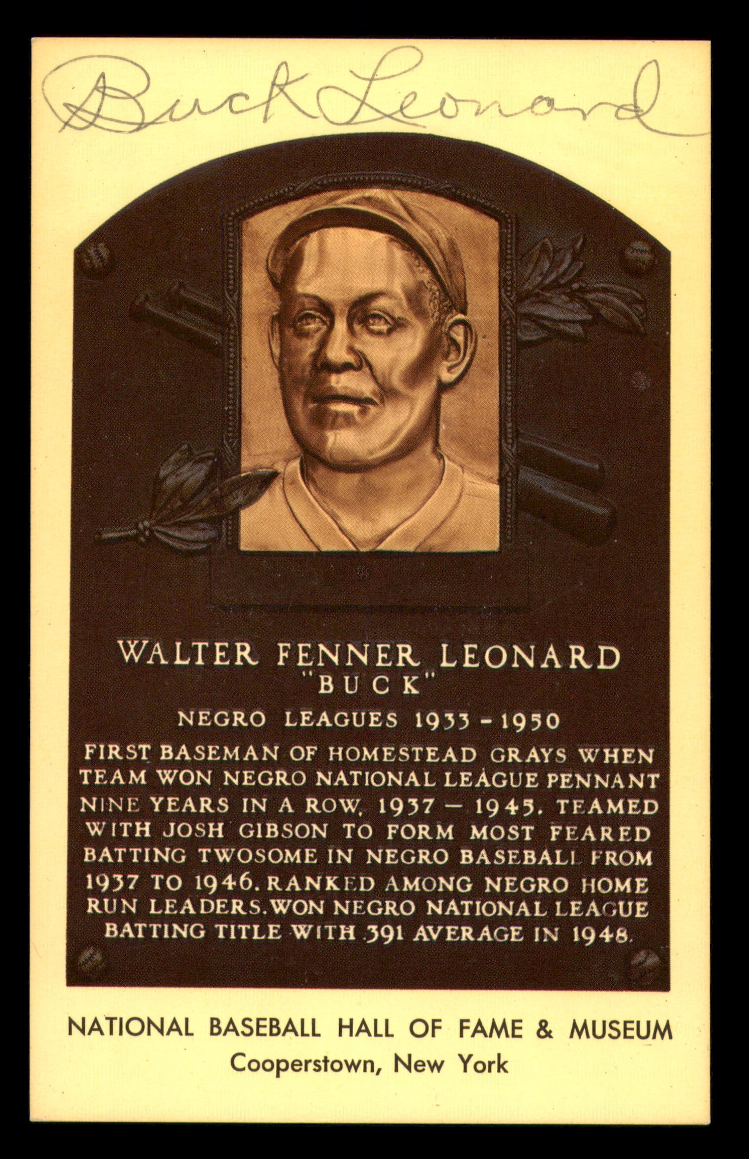 Buck Leonard Autographed Hall of Fame HOF Plaque Postcard Negro Leagues ...