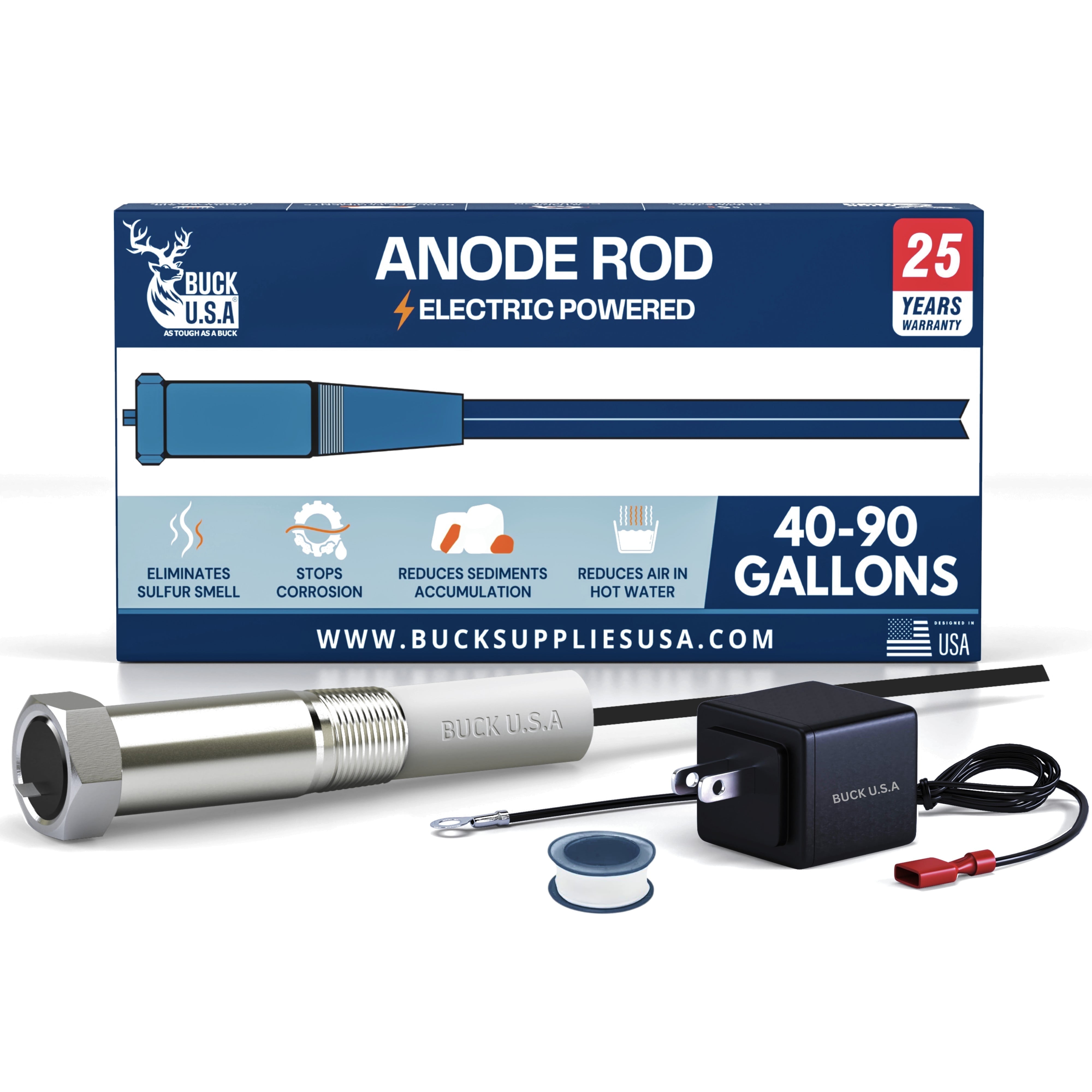 Powered Anode Rod for Water Heater Tanks (40-90 Gallon), 25-Year ...