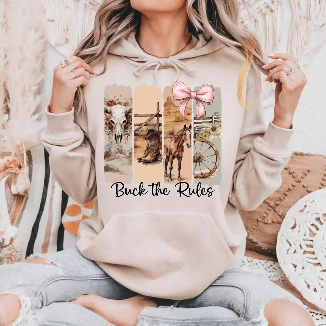 Buck the Rules Hoodie – Western Brushstroke Tee, Cowboy Graphic Shirt, Country Style, Rodeo ...