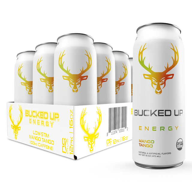 Bucked Up Low Stim Energy Drink, Mango Tango, 12 Cans, 16 fl oz, 100 mg ...