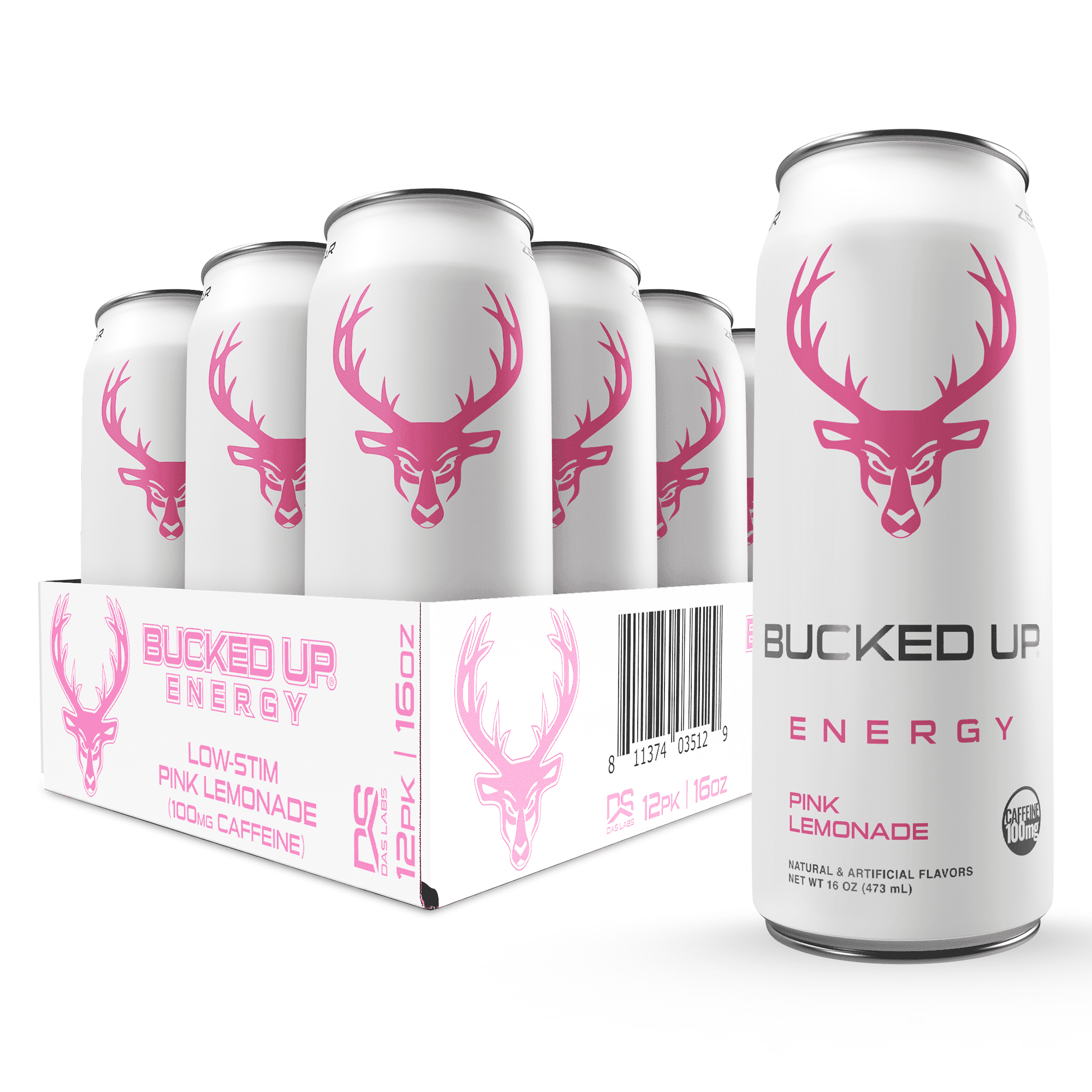 Bucked Up Low Stim Energy Drink, Pink Lemonade, 12 Cans, 16 fl oz, 100 ...