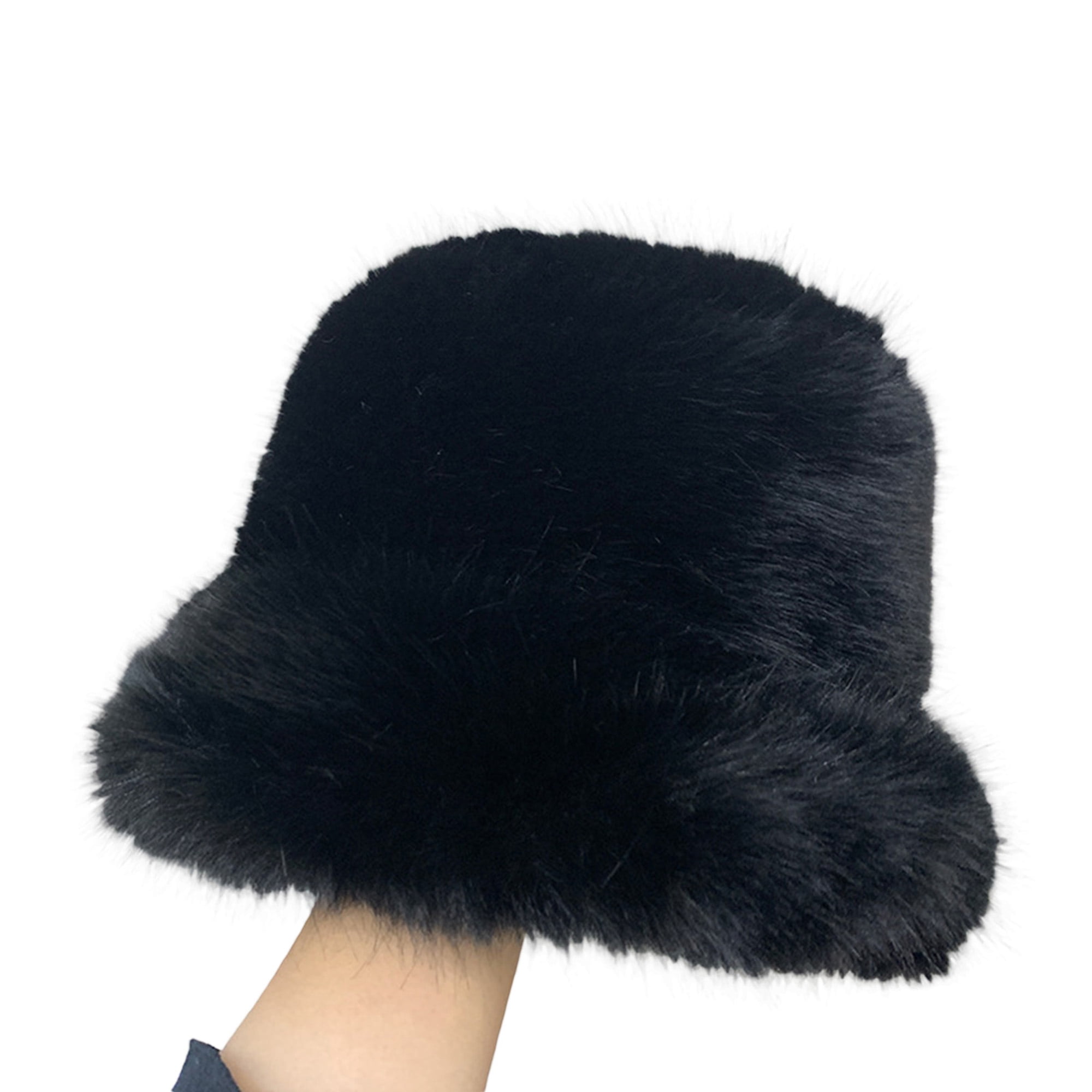 Bucket Fuzzy Hat for Women Winter Furry Plush Faux Fur Hats Warm ...