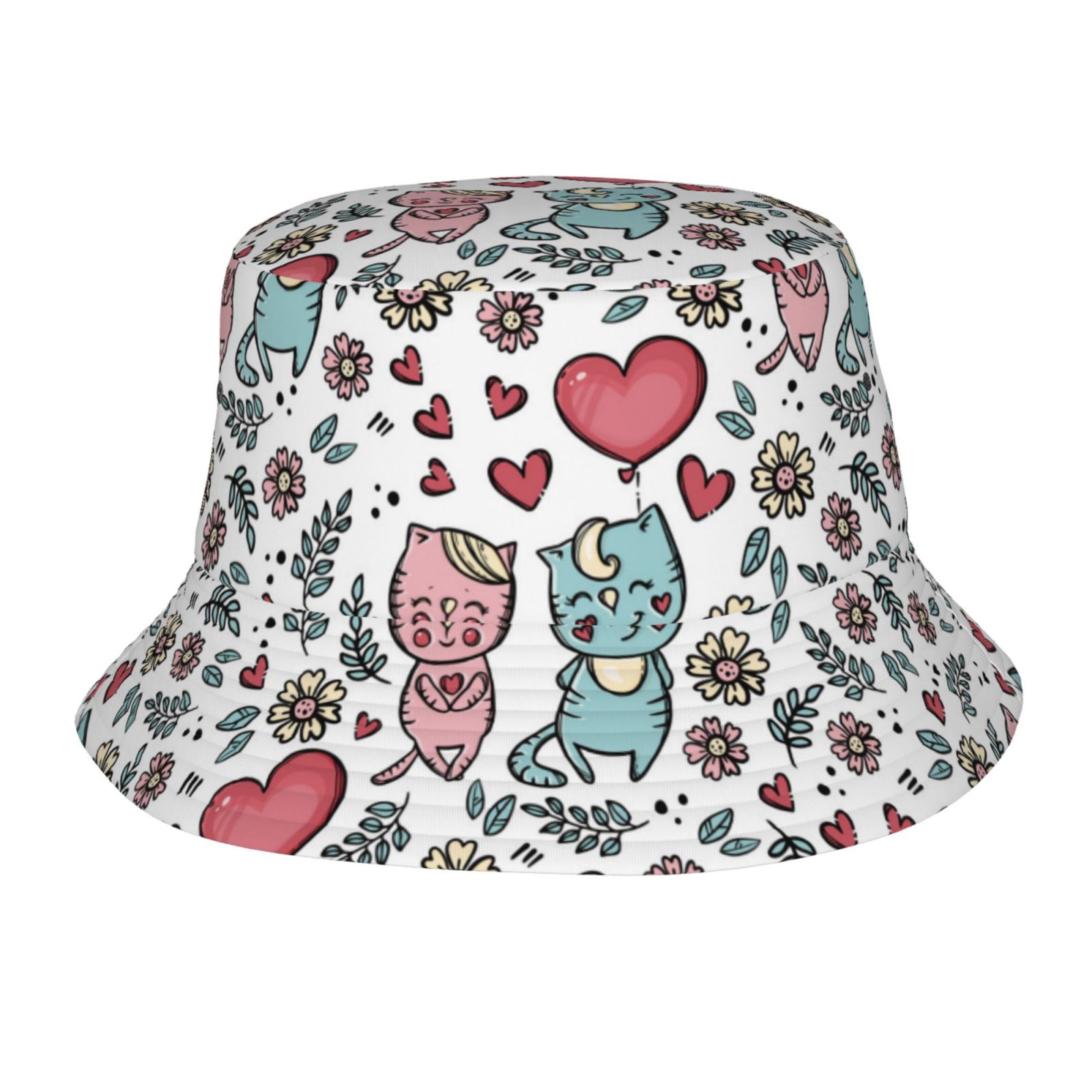 Bucket Hat for Men Women, Cute Cartoon Couple Cat Heart Breathable Sun ...