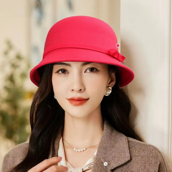 Bucket Hats For Woman Wool Felt Cloche Hat Winter Wide Brim Retro Flower Bowknot Vintage Bucket ...