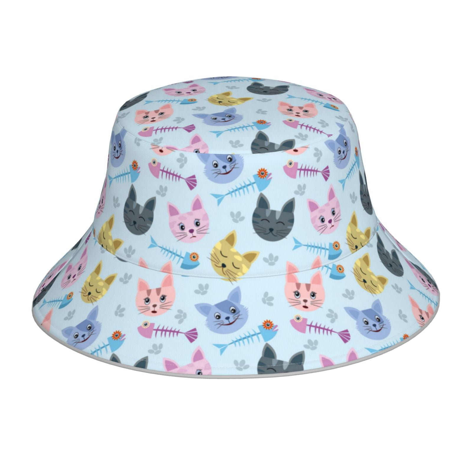 Bucket Hats for Men Woman - Artistic Cute Cartoon Cat Fishbone ...