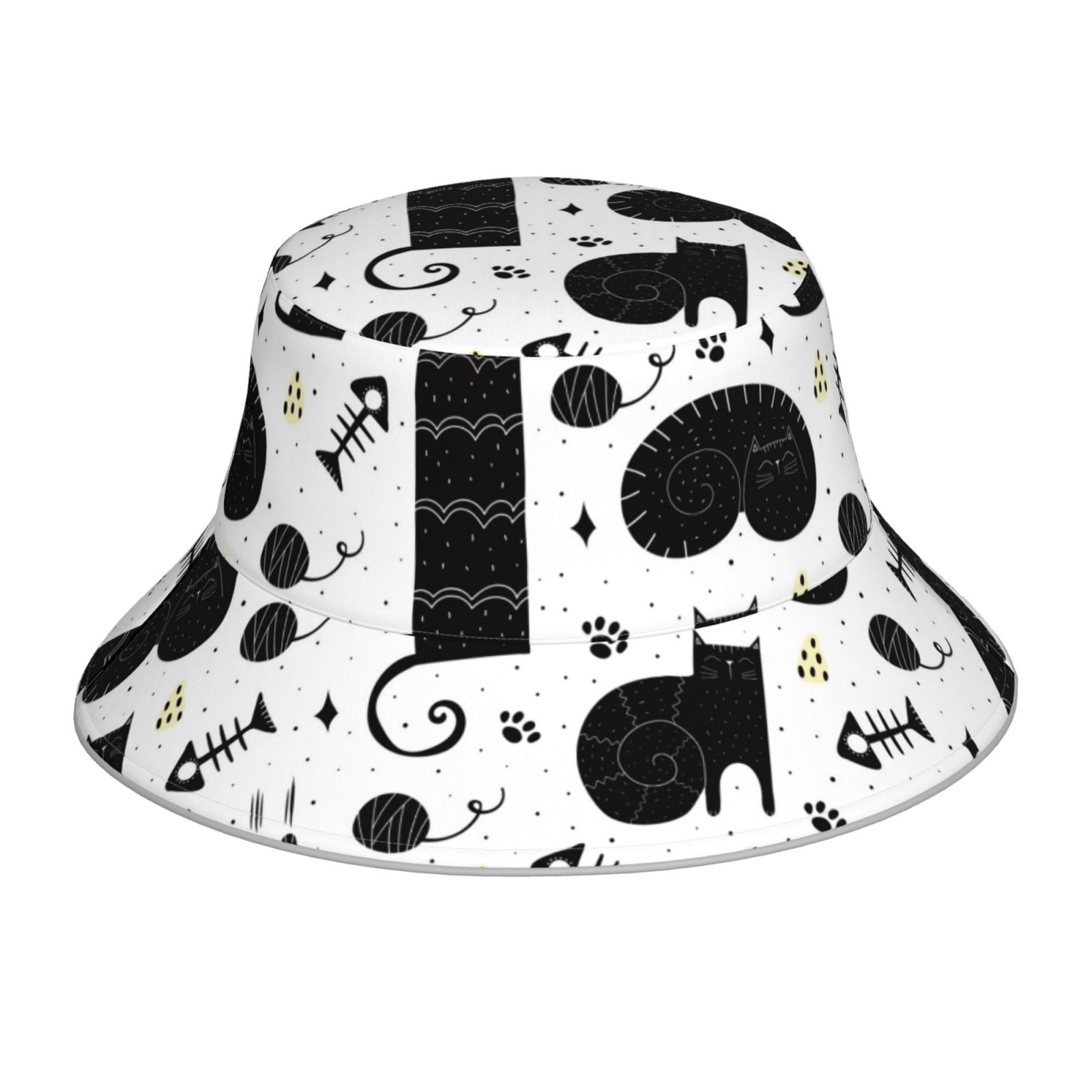 Bucket Hats for Men Woman - Bohemian Cute Cat Fishbone Reversible ...