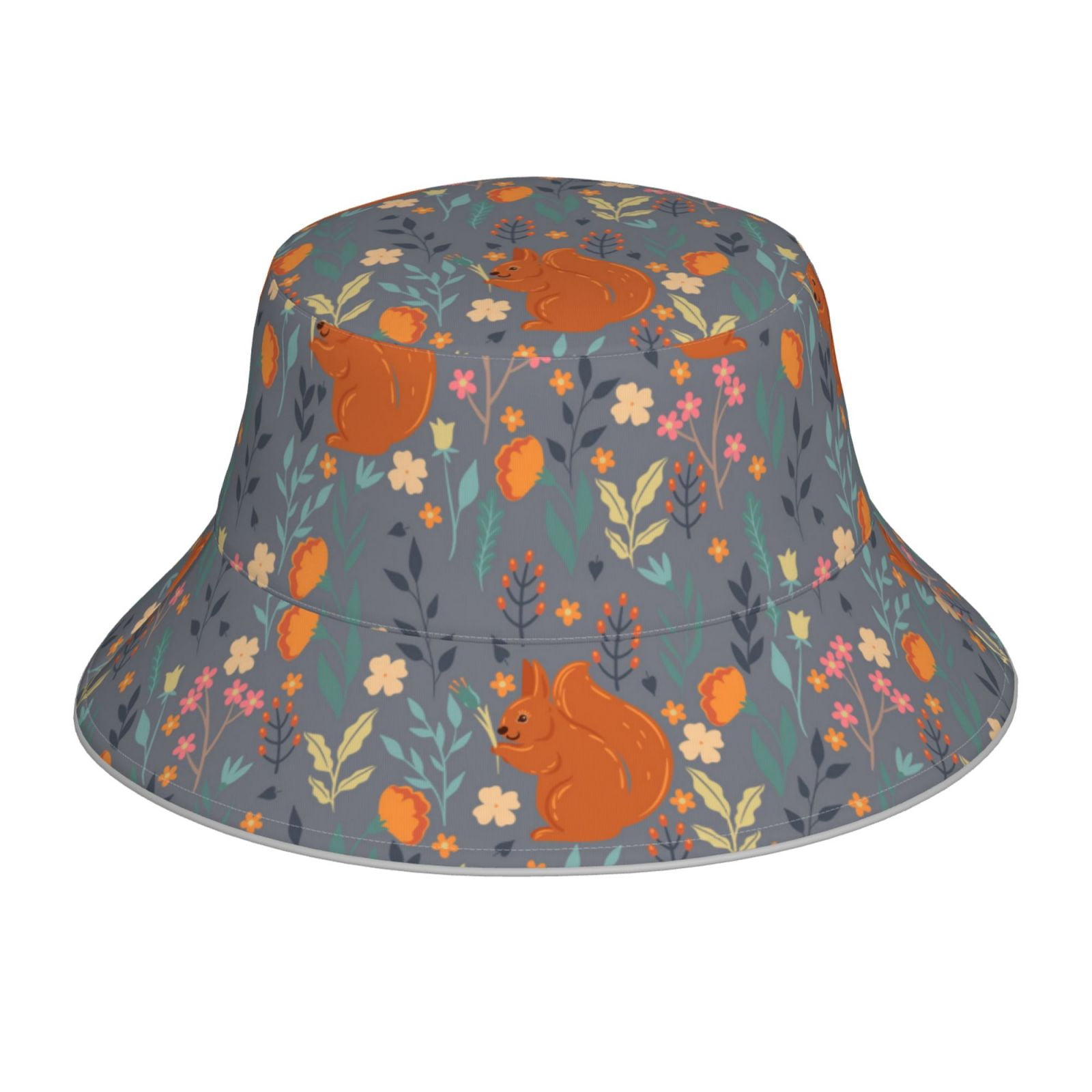Bucket Hats for Men Woman - Bohemian Cute Squirrel Flower Reversible ...