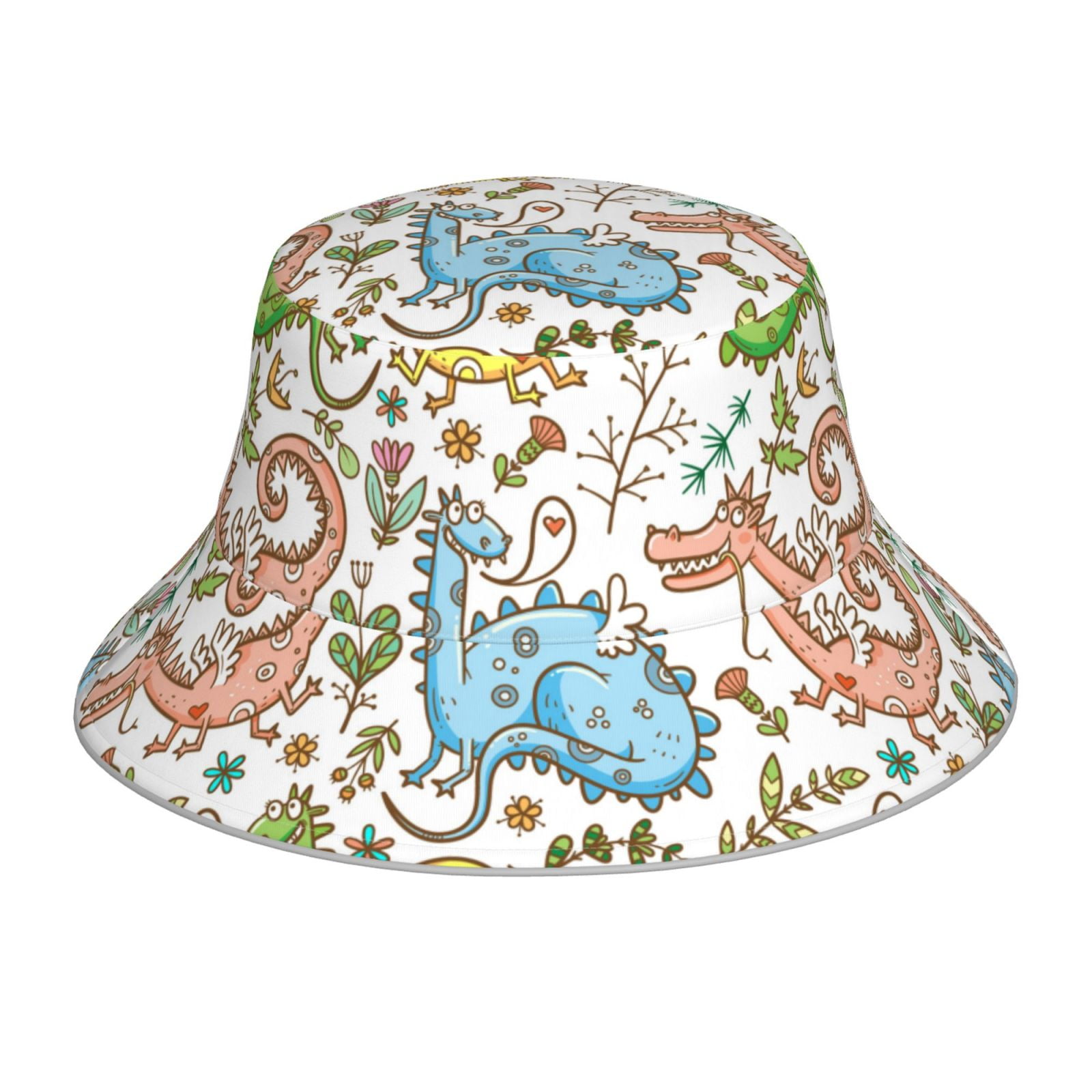 Bucket Hats for Men Woman - Cartoon Chameleon Lizard Flower Reversible ...