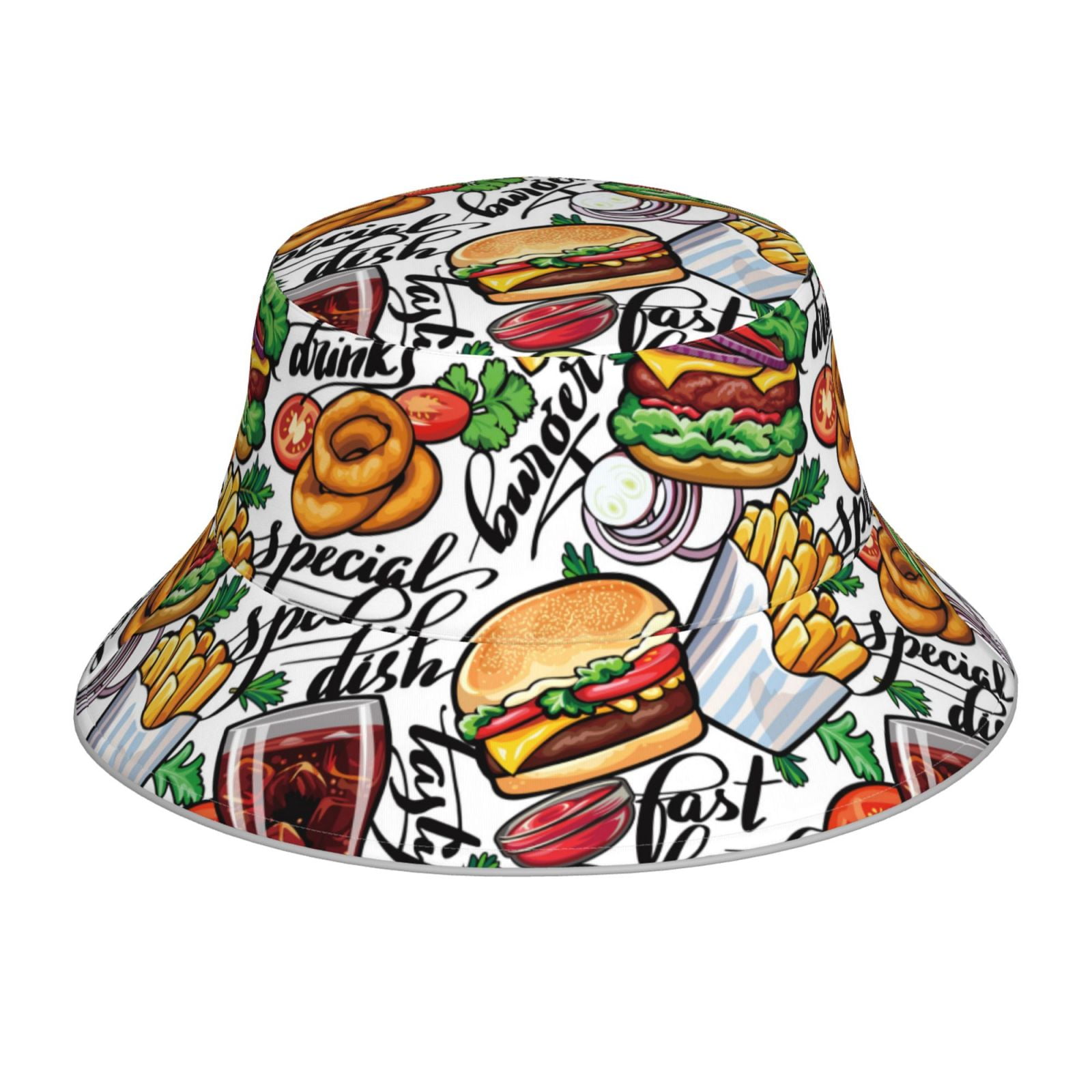 Bucket Hats for Men Woman - Cute Food Tomato Cucumber Burger Reversible ...
