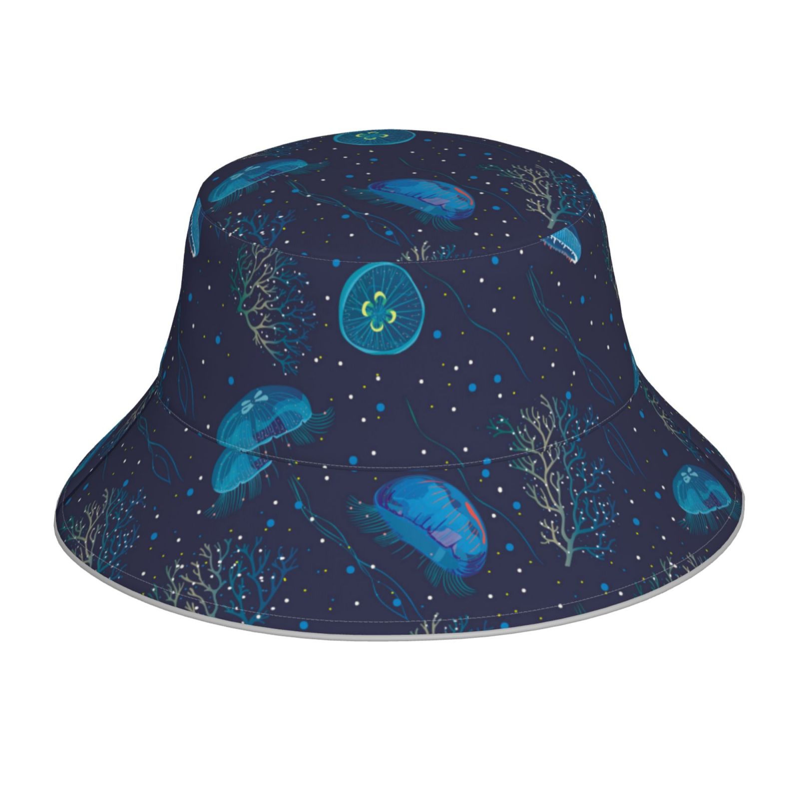 Bucket Hats for Men Woman - Deep Blue Coral Jellyfish Reversible ...