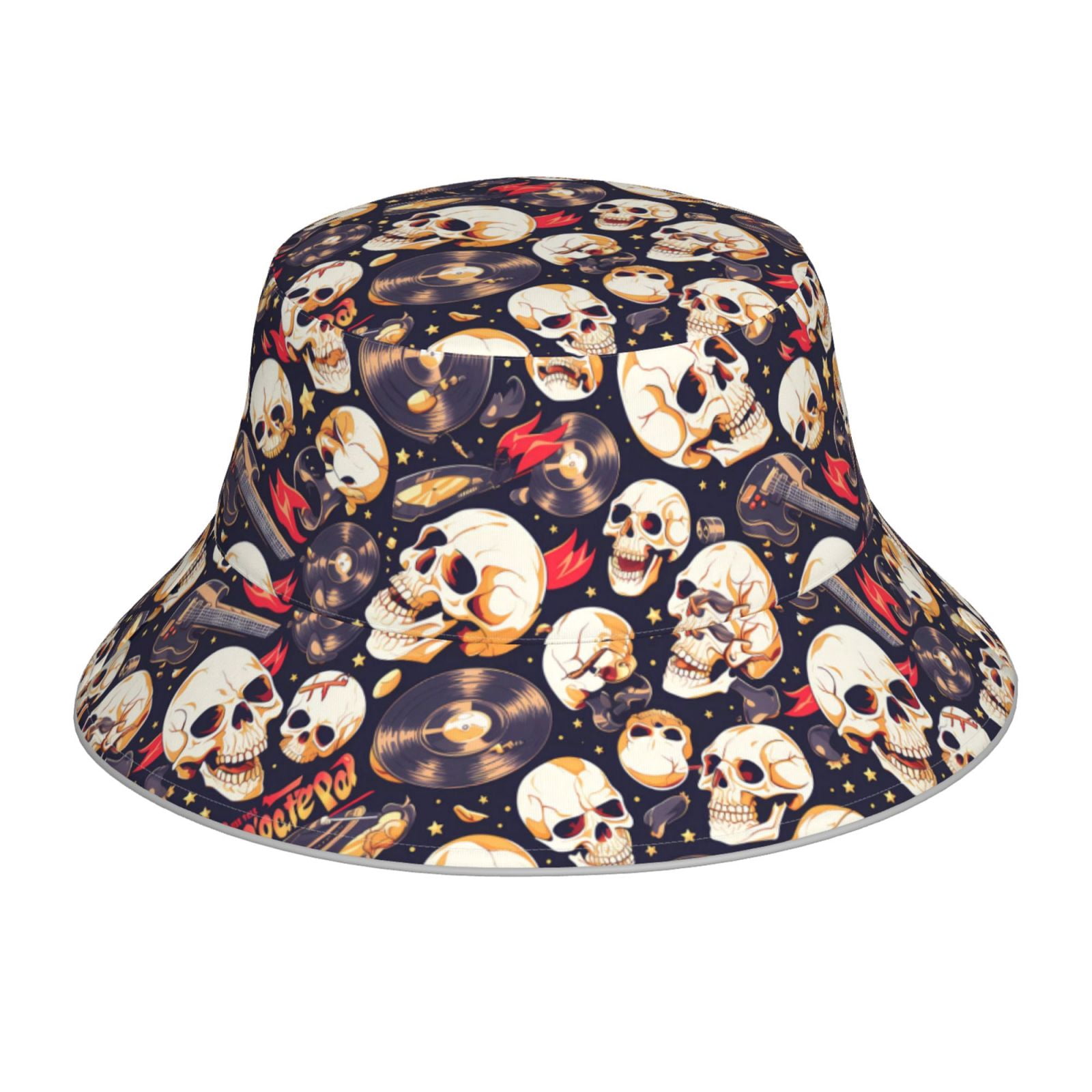 Bucket Hats for Men Woman - Guitar Skull record Reversible Reflective ...