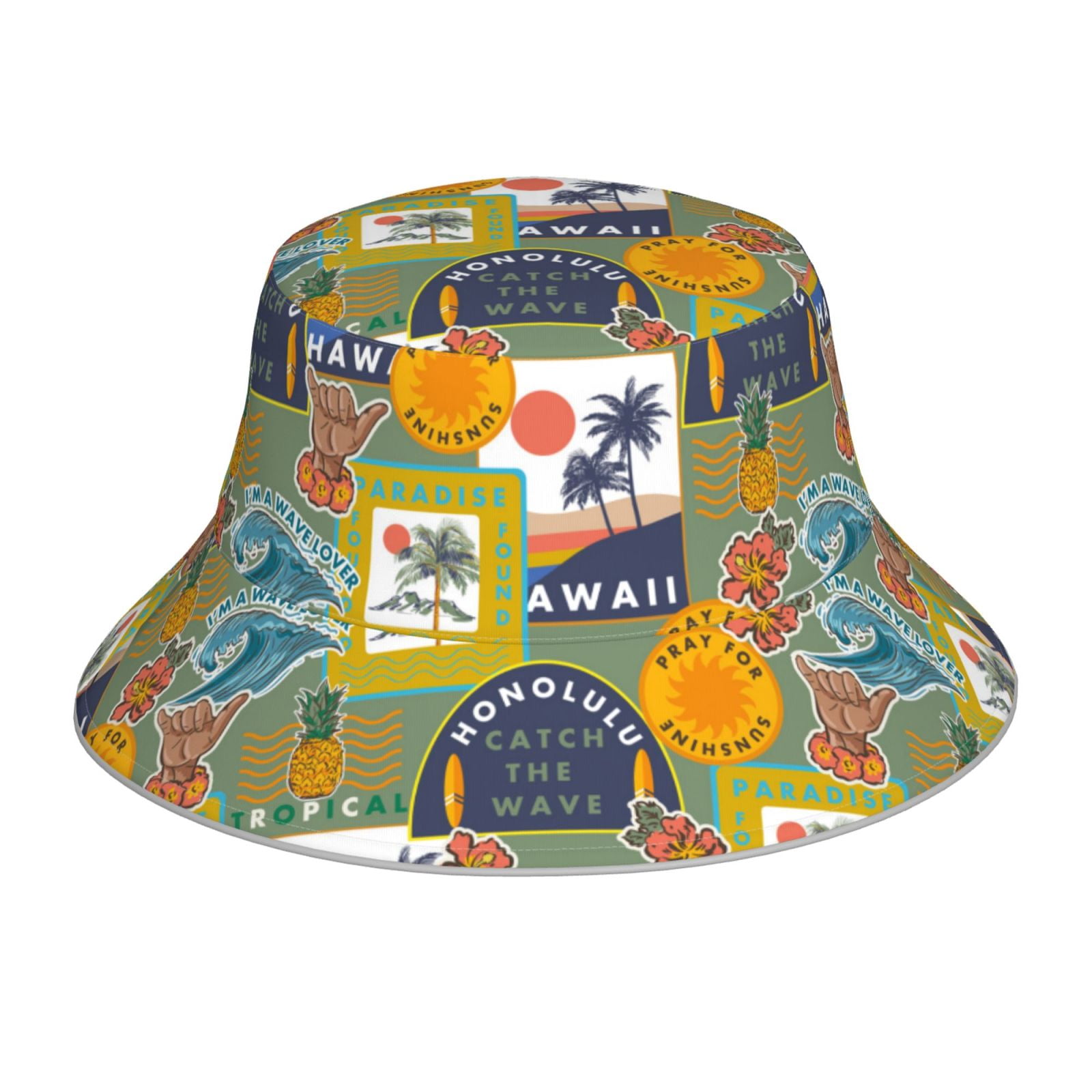 Bucket Hats for Men Woman - Hawaiian Style Pineapple Waves Reversible ...