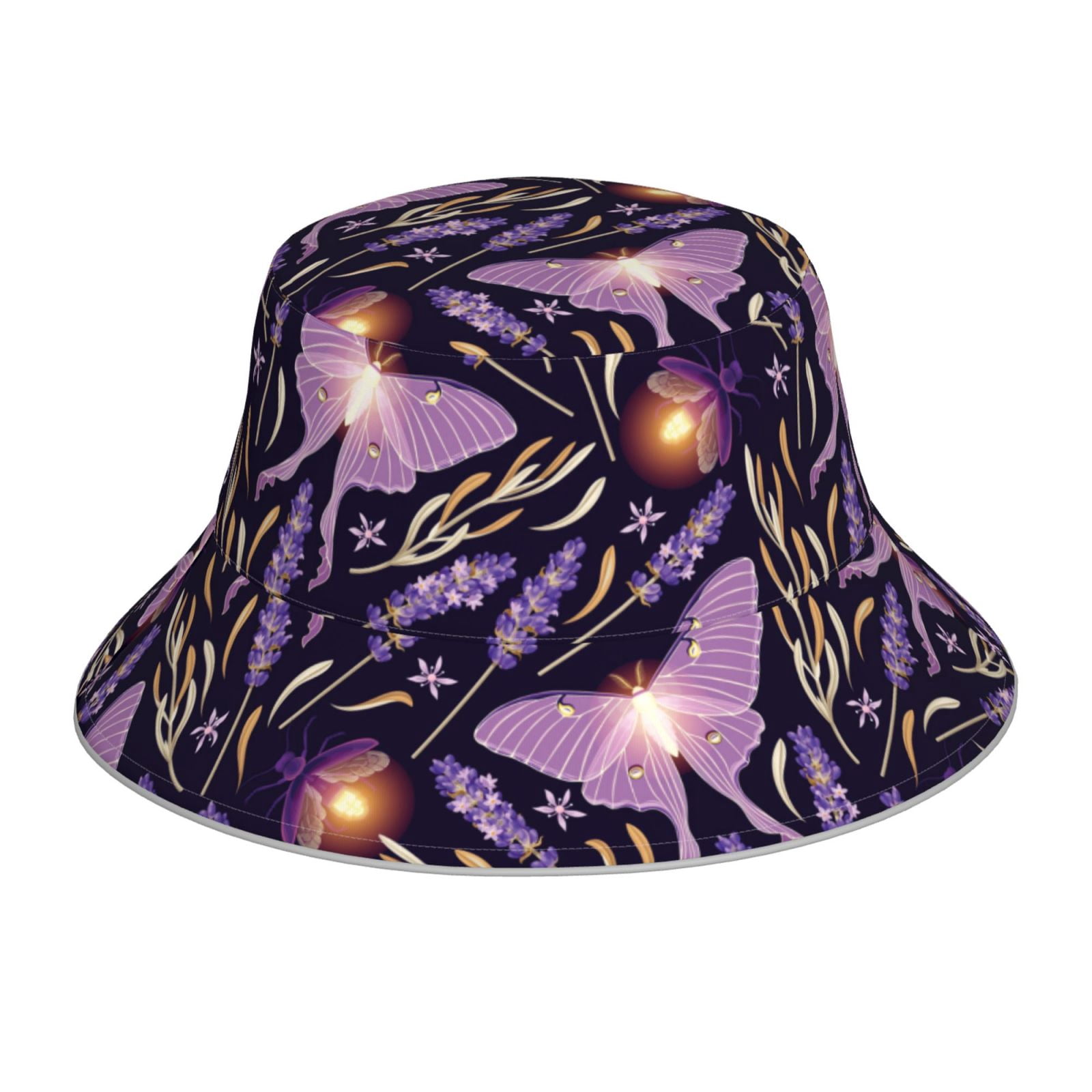 Bucket Hats for Men Woman - Lavender Flowers Glowing Butterfly ...