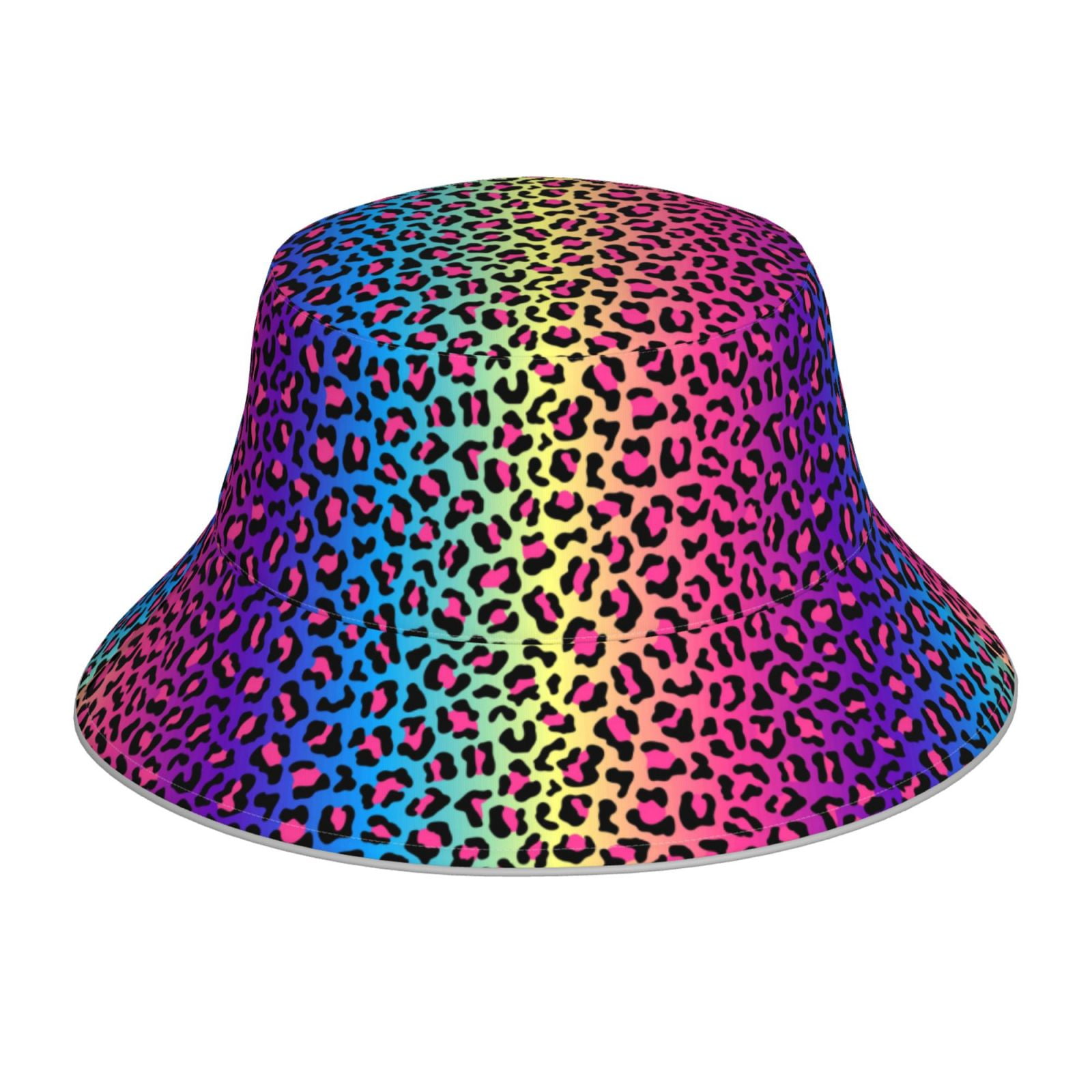 Bucket Hats for Men Woman - Leopard Neon Rainbow Gradient Reversible ...