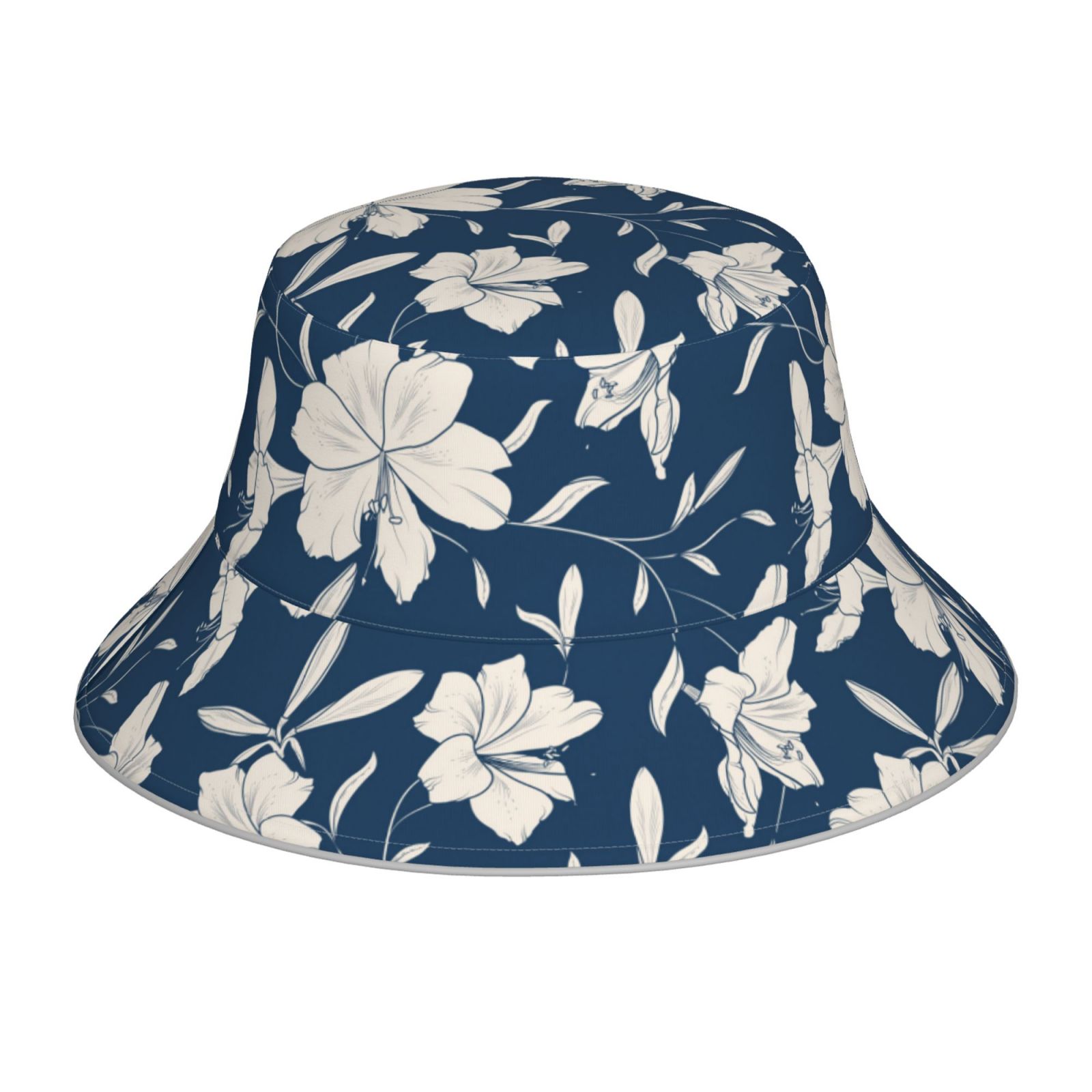 Bucket Hats for Men Woman - Lilies Flowers Navy Blue Reversible ...