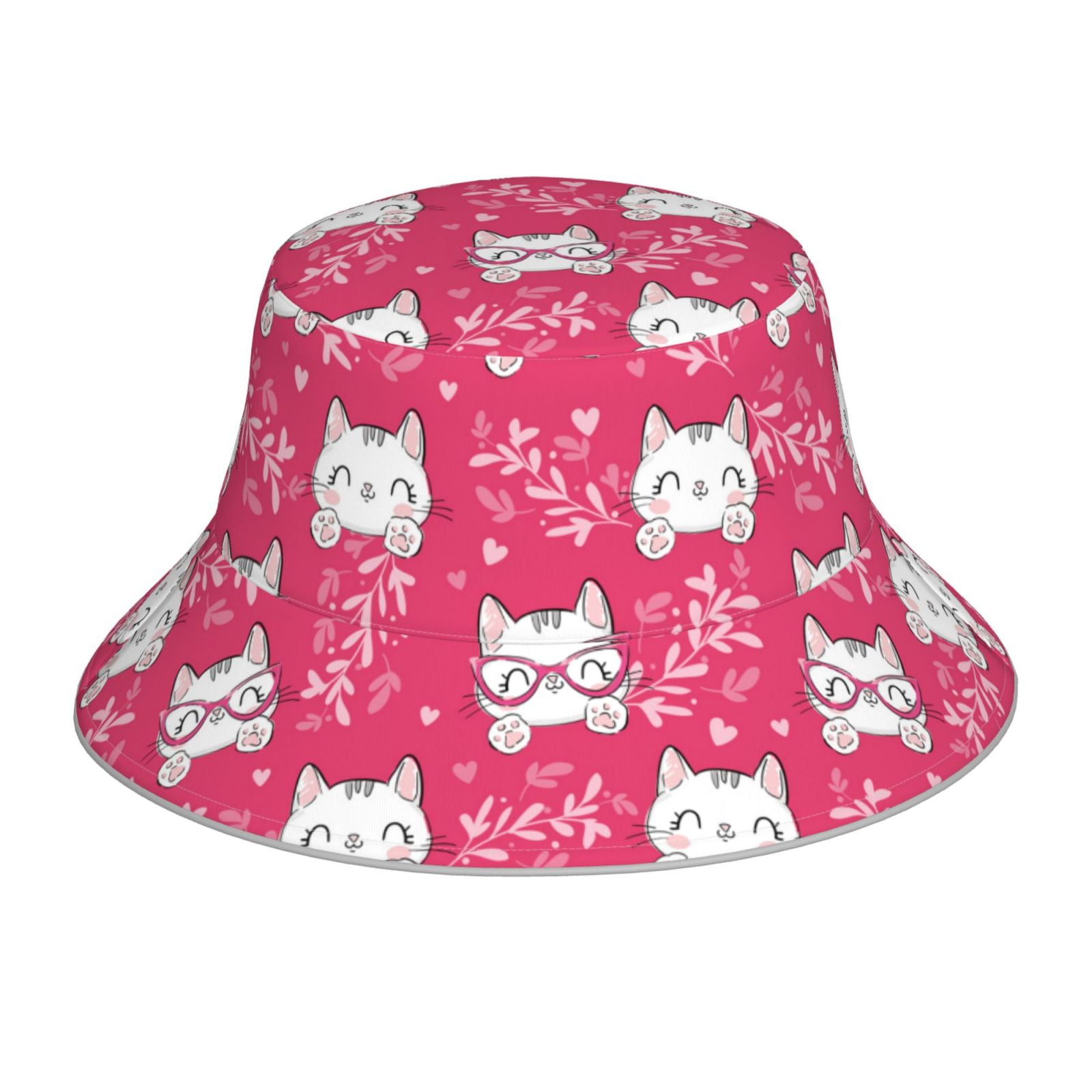 Bucket Hats for Men Woman - Rose Red Cute Smiling Cartoon Cat ...