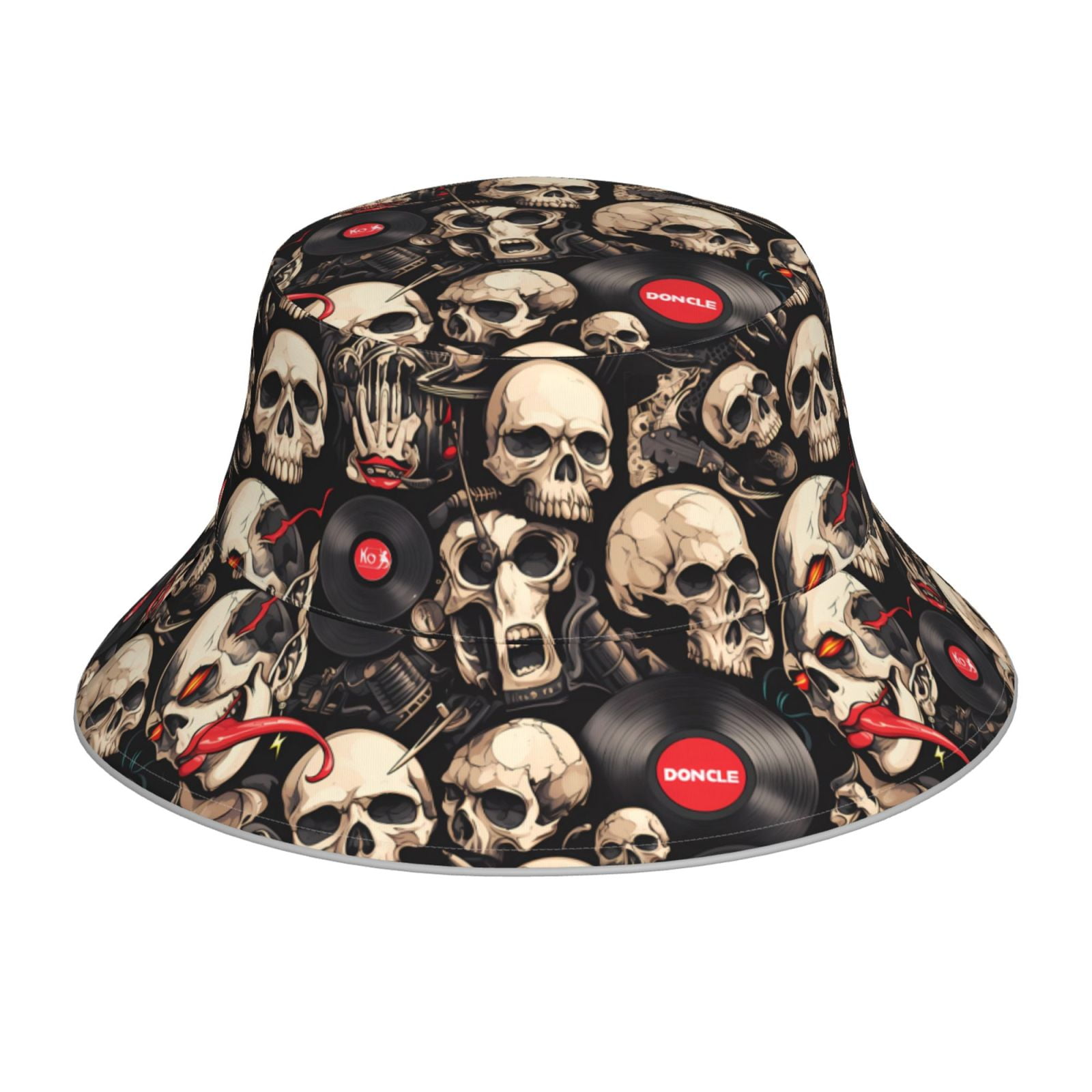 Bucket Hats for Men Woman - rock record Skull Reversible Reflective ...