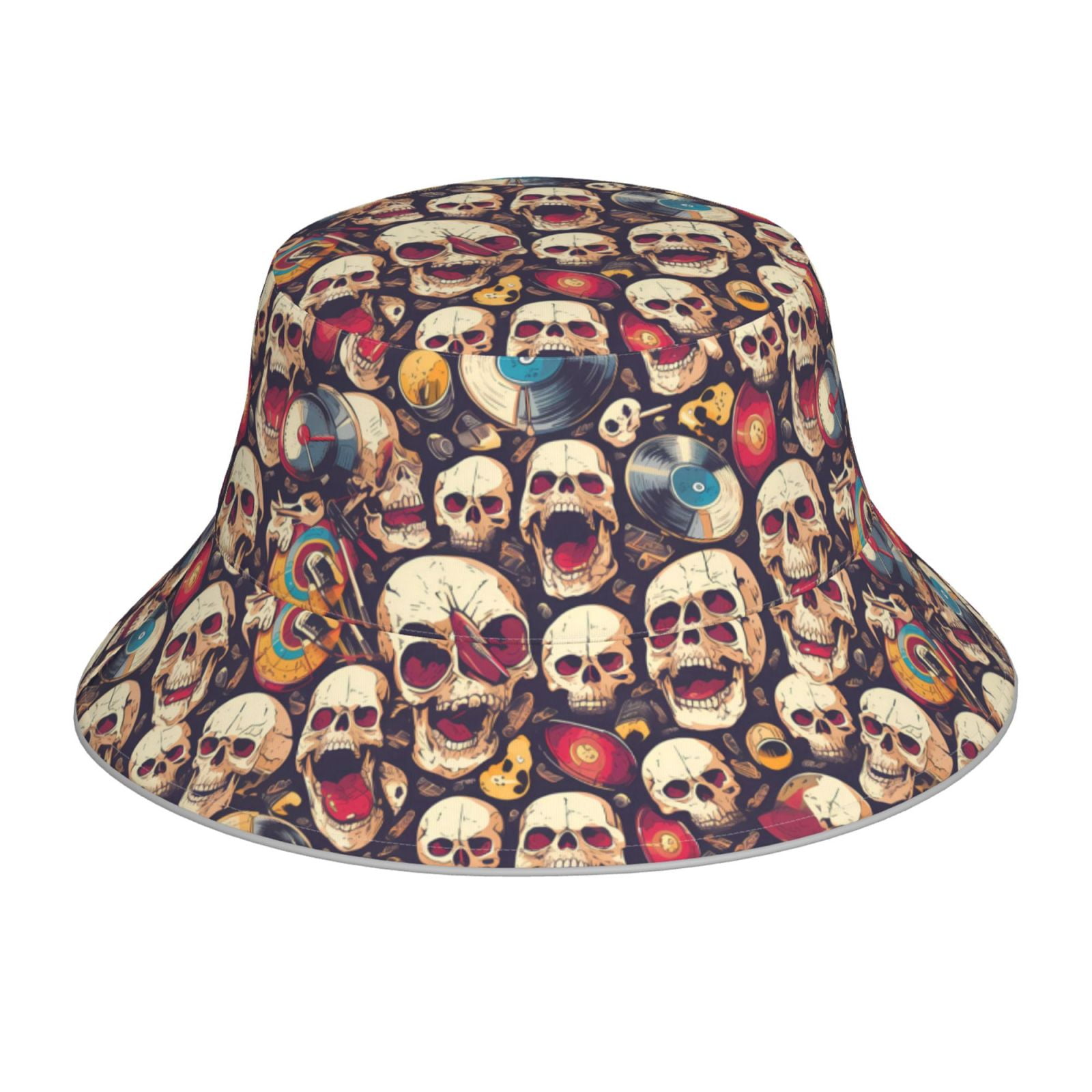 Bucket Hats for Men Woman - rock record music Skull Reversible ...